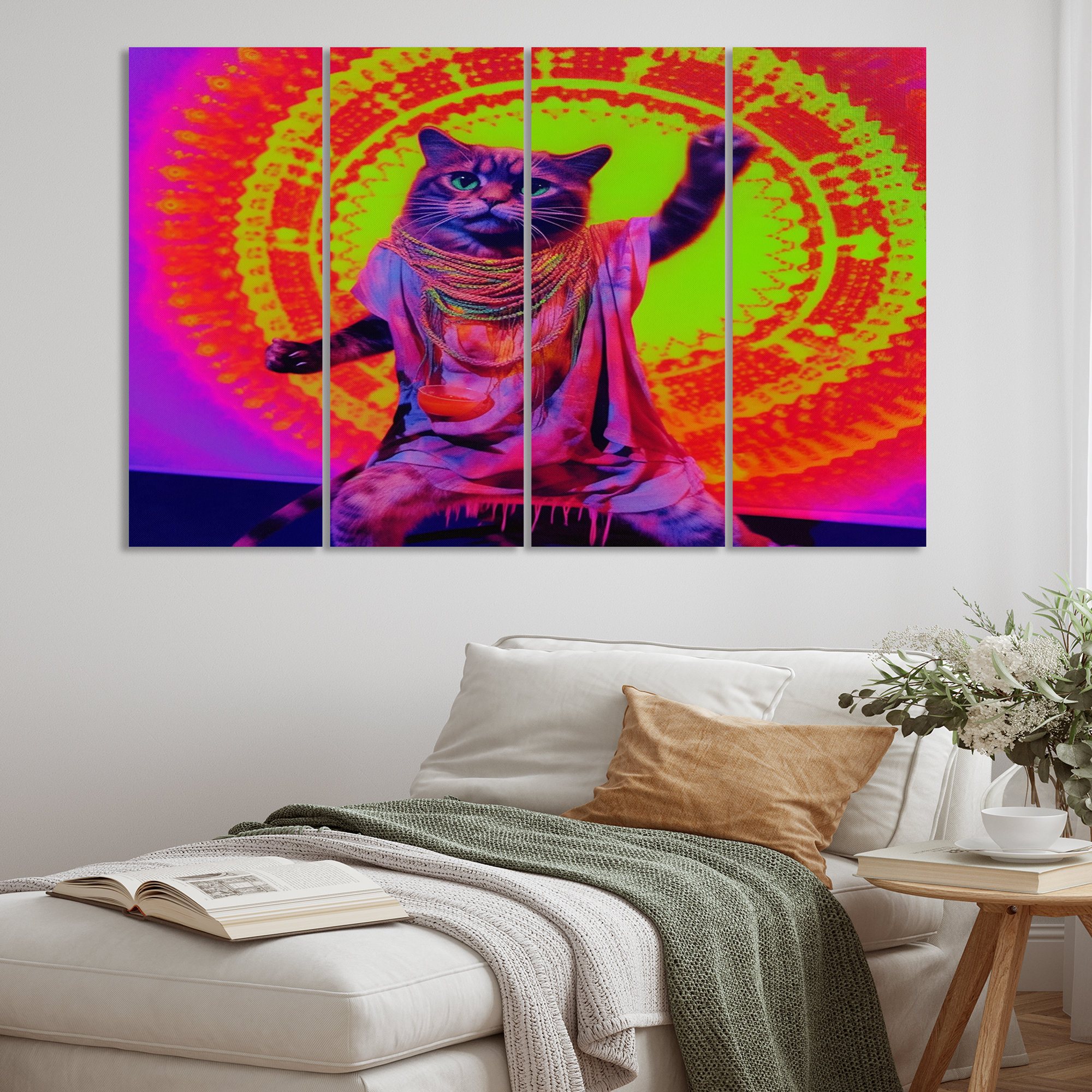 Trinx Rave Cat In Pink Neon - Animals Cat Canvas Wall Art - 4 Panels ...