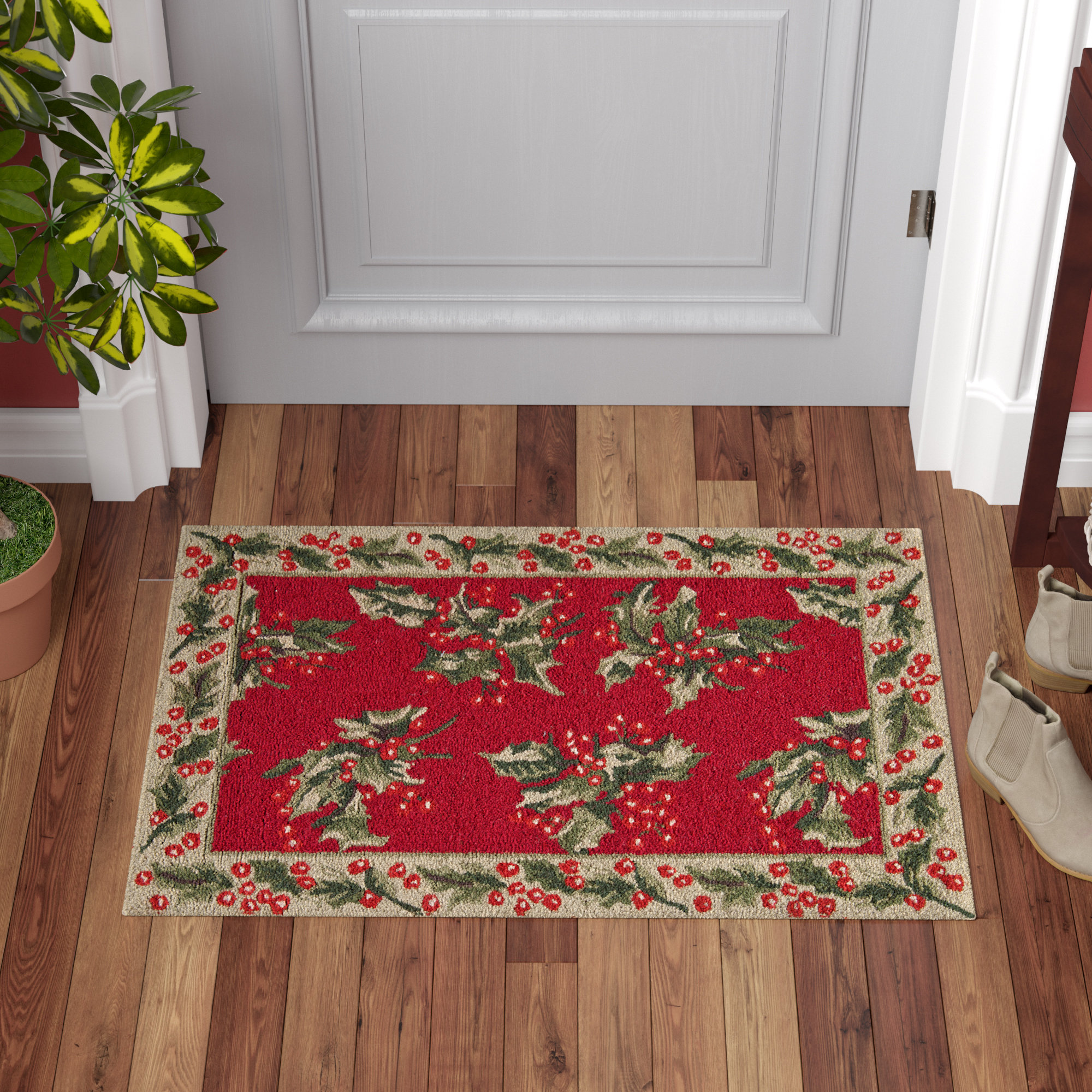 Charlton Home® Armentrout Holly Red Hooked Rug & Reviews | Wayfair