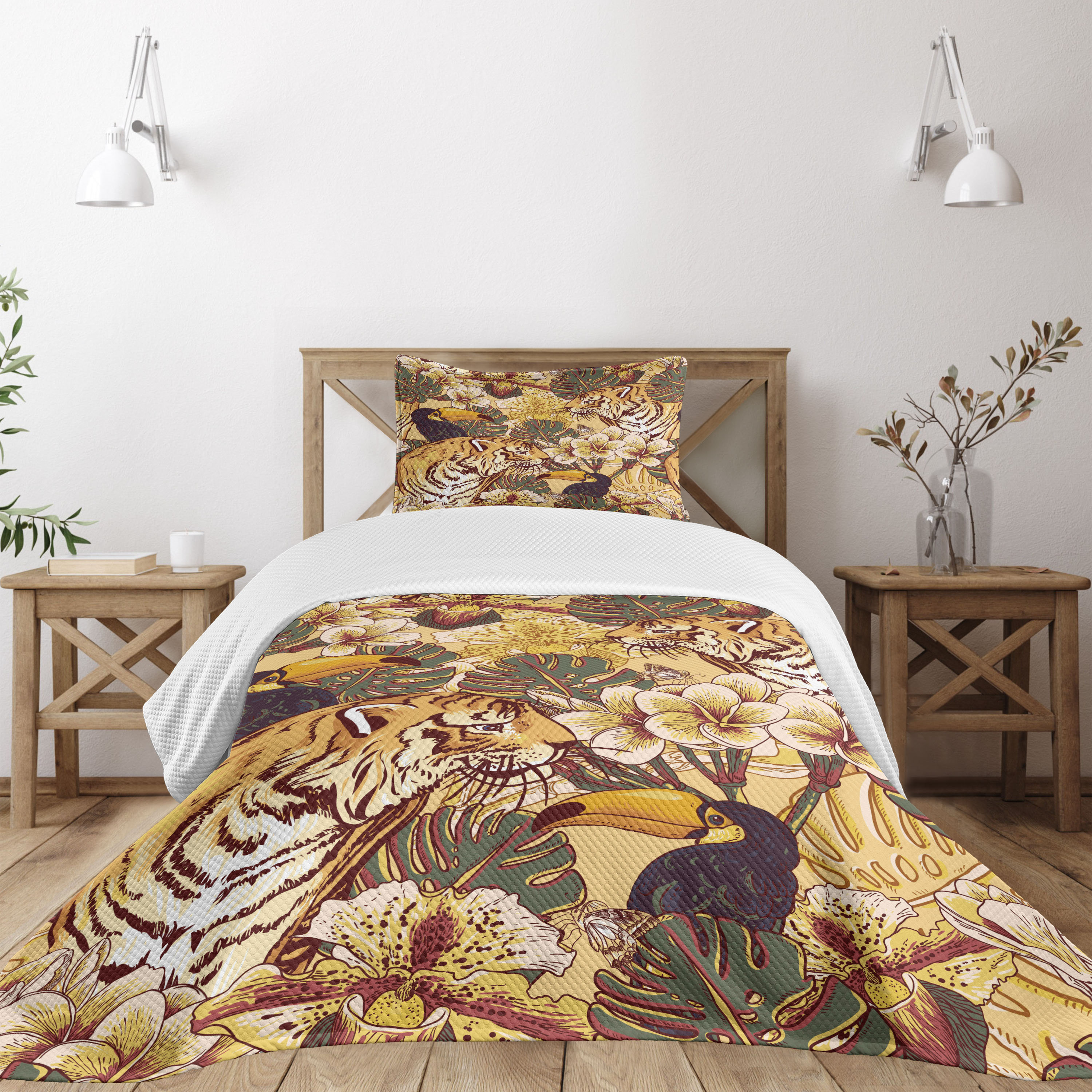 Ambesonne Tiger Bedspread Set Tropical Bengal Toucan Earth Yellow Dark ...