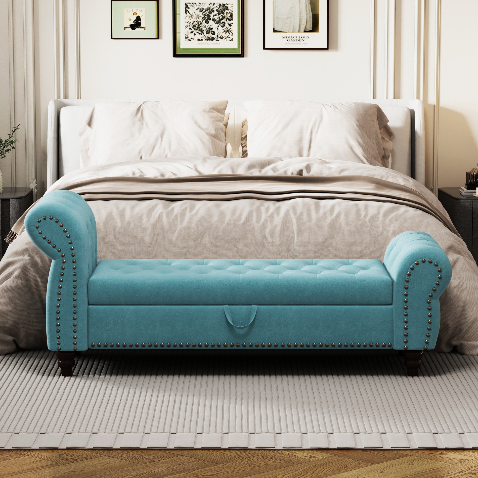 Rosdorf Park Modern Lake Blue Velvet Bedroom Bench With Ample Storage ...