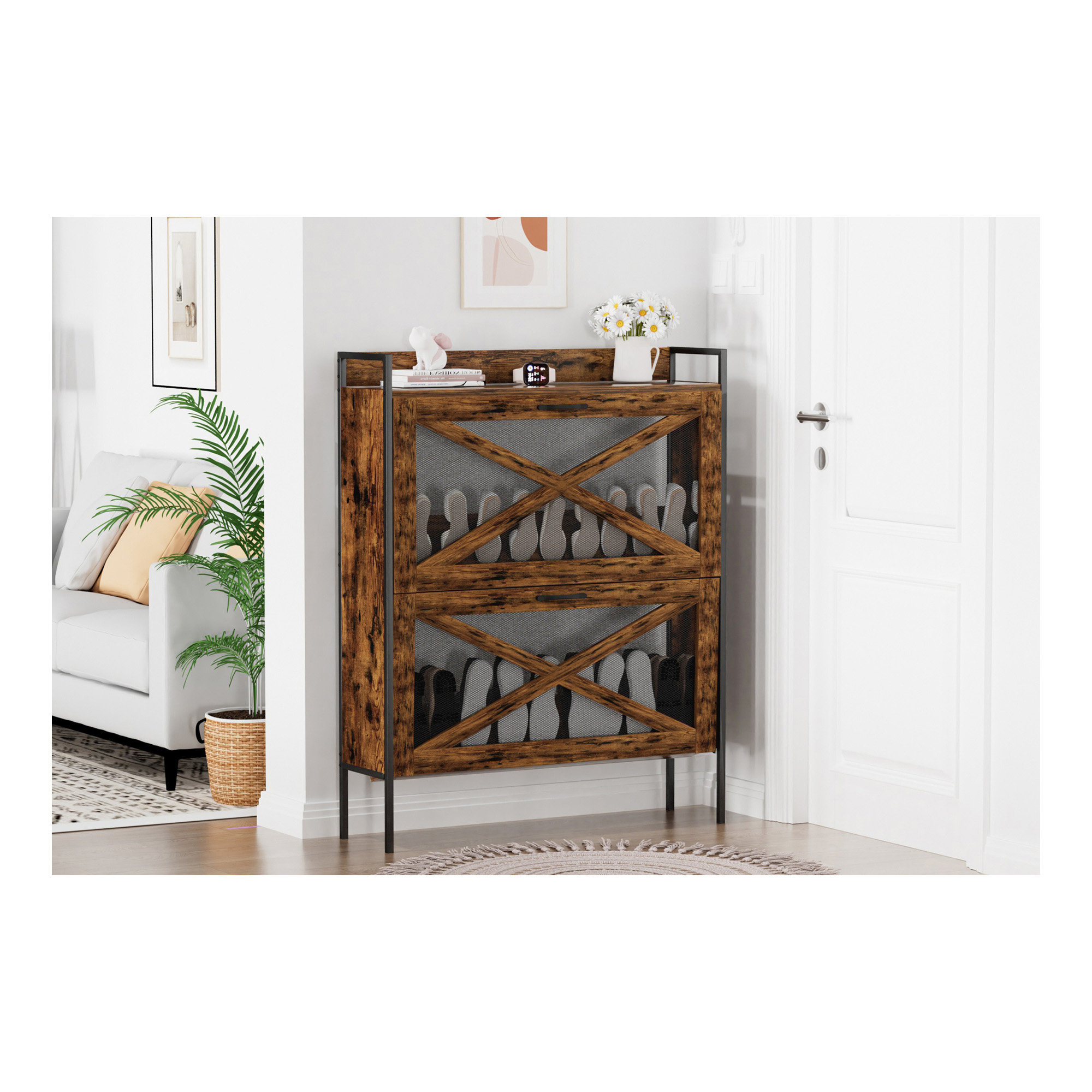 17 Stories A shoe cabinet with 2 flip-top drawers, an entryway shoe cabinet, a narrow standalone ...