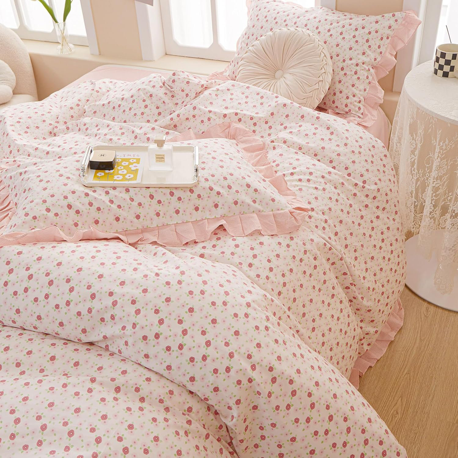 MODVAT 3PCS Ruffle Cotton Comforter Cover Boho Pink Striped and Flowers ...