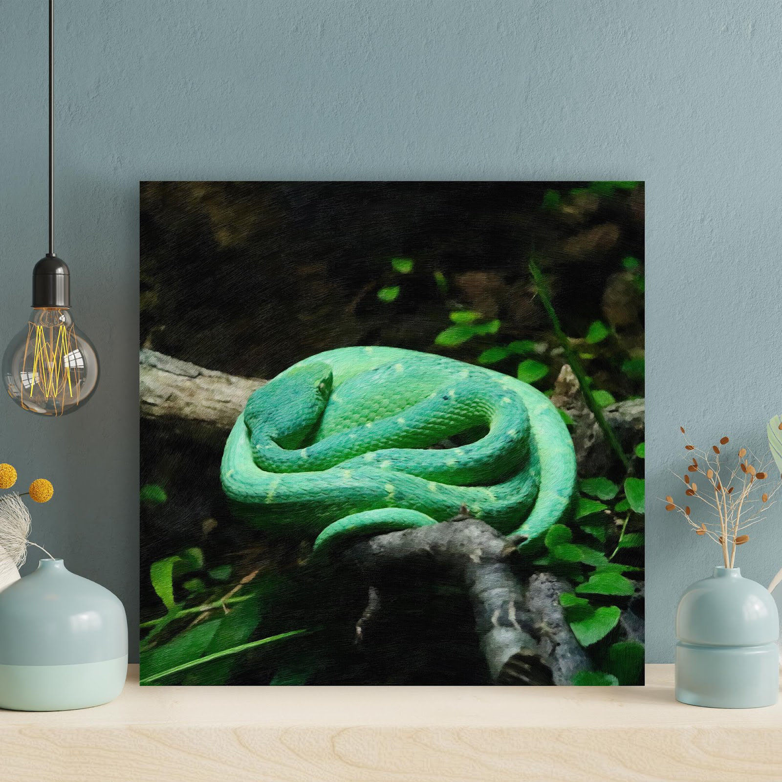 Latitude Run® Green Snake Lying On Tree Branch Surrounded By Green ...