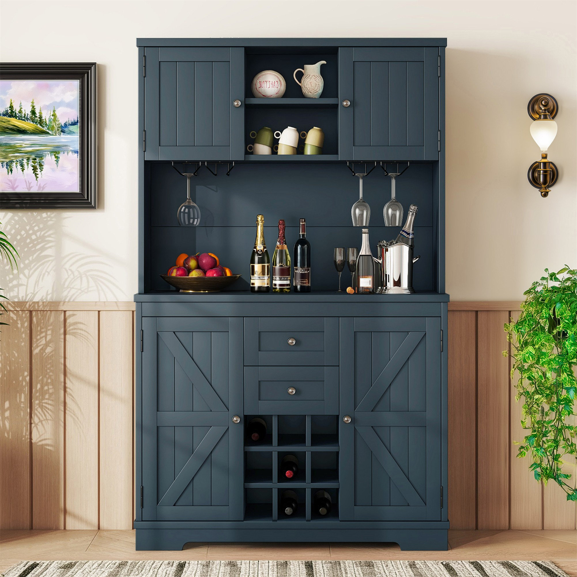 Gracie Oaks 47.3" Coffee Bar Cabinet with Storage, Wine Glass Racks ...