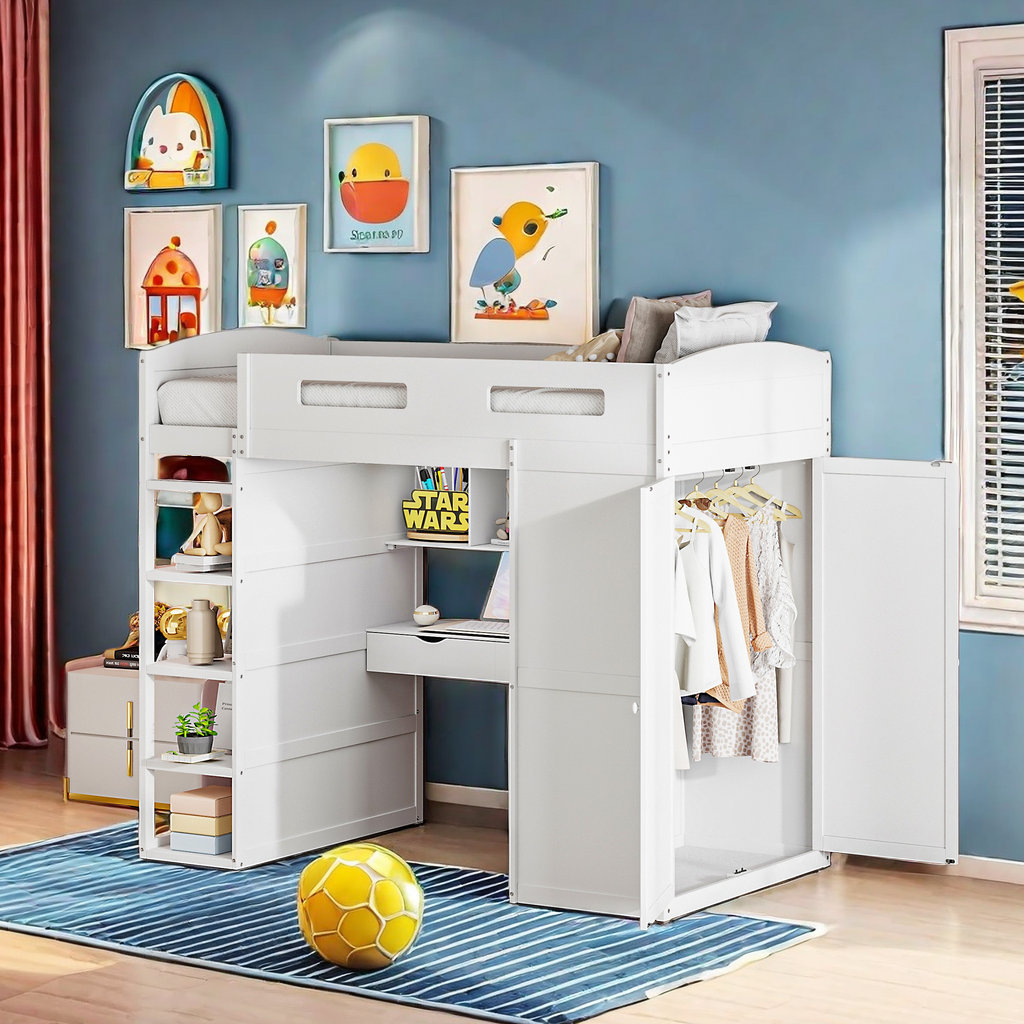Harriet Bee Twin Size Loft Bed With Desk, Wardrobes, 4 Drawers And 4 Shelves | Wayfair