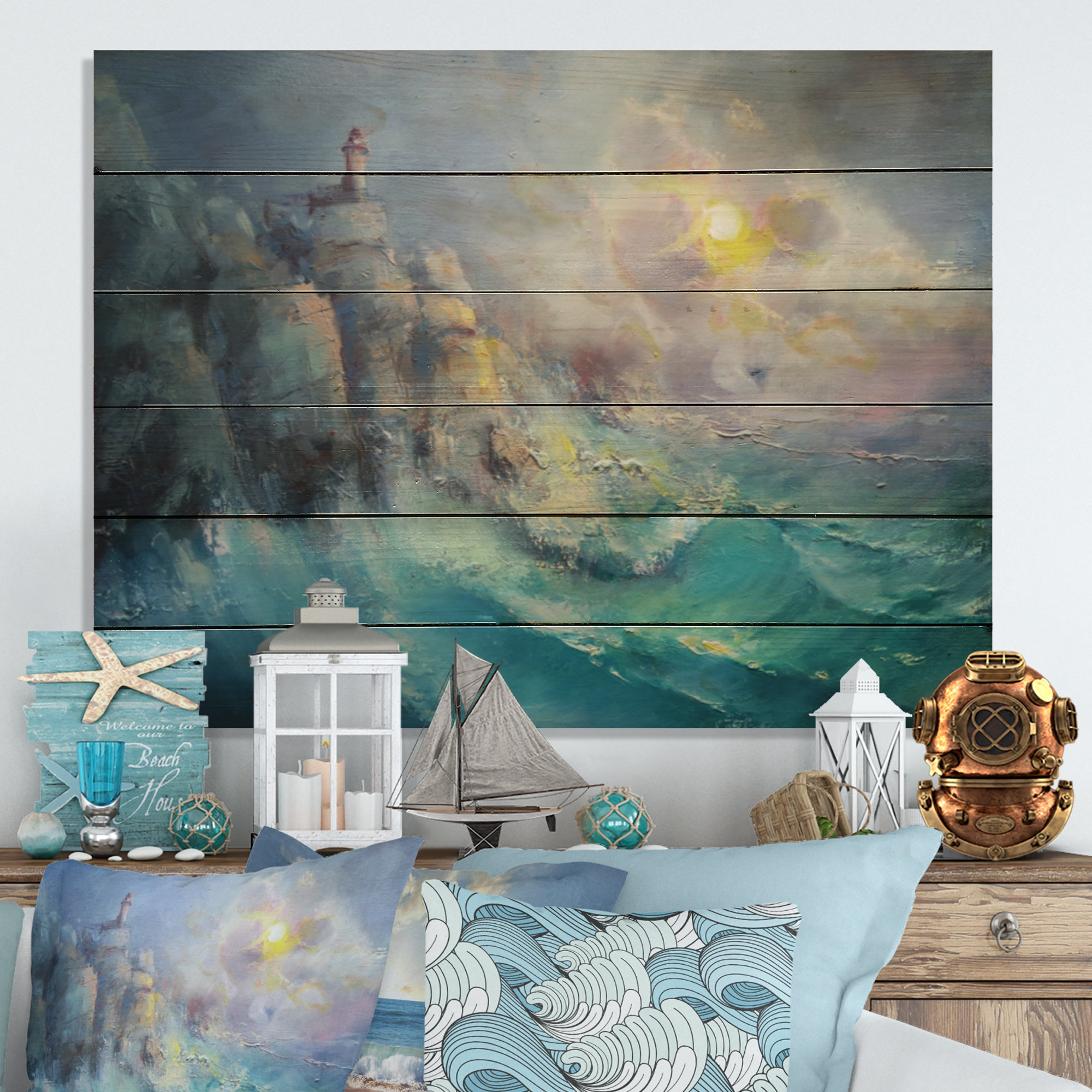 Breakwater Bay Lighthouse Over Sea Horizon II - Nautical & Coastal ...