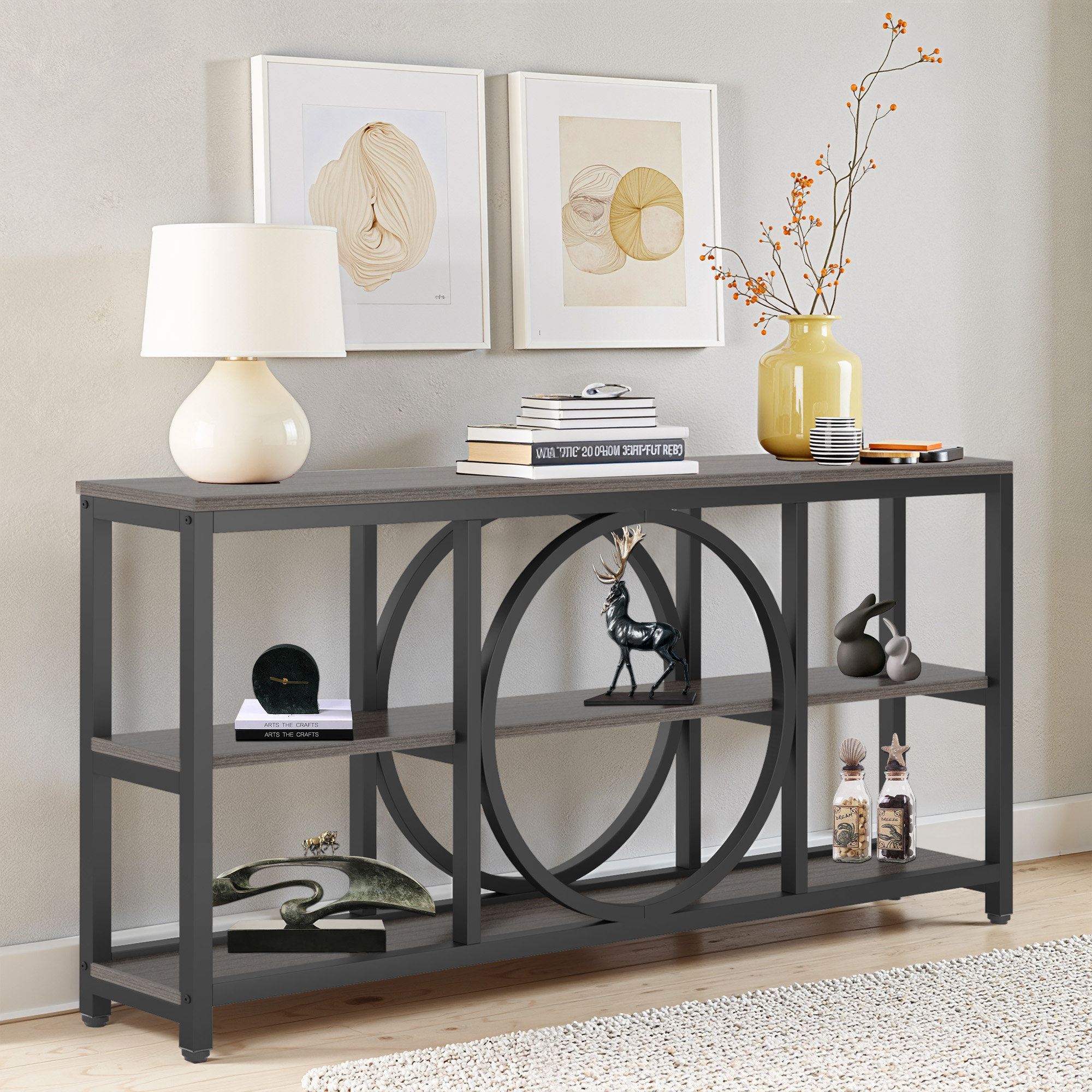 Ebern Designs 70.9 Inch Console Table, 3-Tier Storage Shelves Modern ...