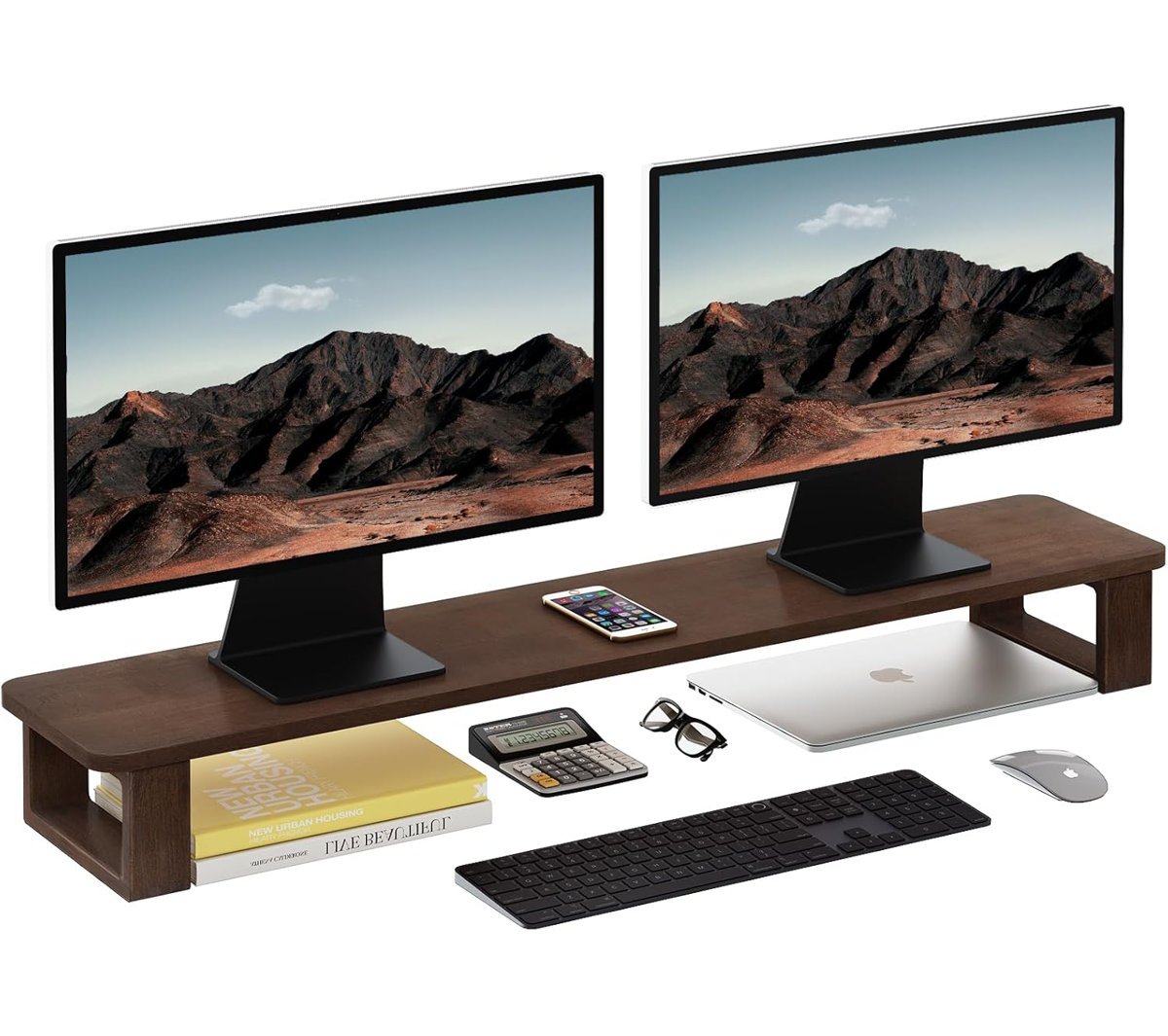 Latitude Run® Lief Dual Monitor Stand Riser 2 Heights Adjustable Wood ...