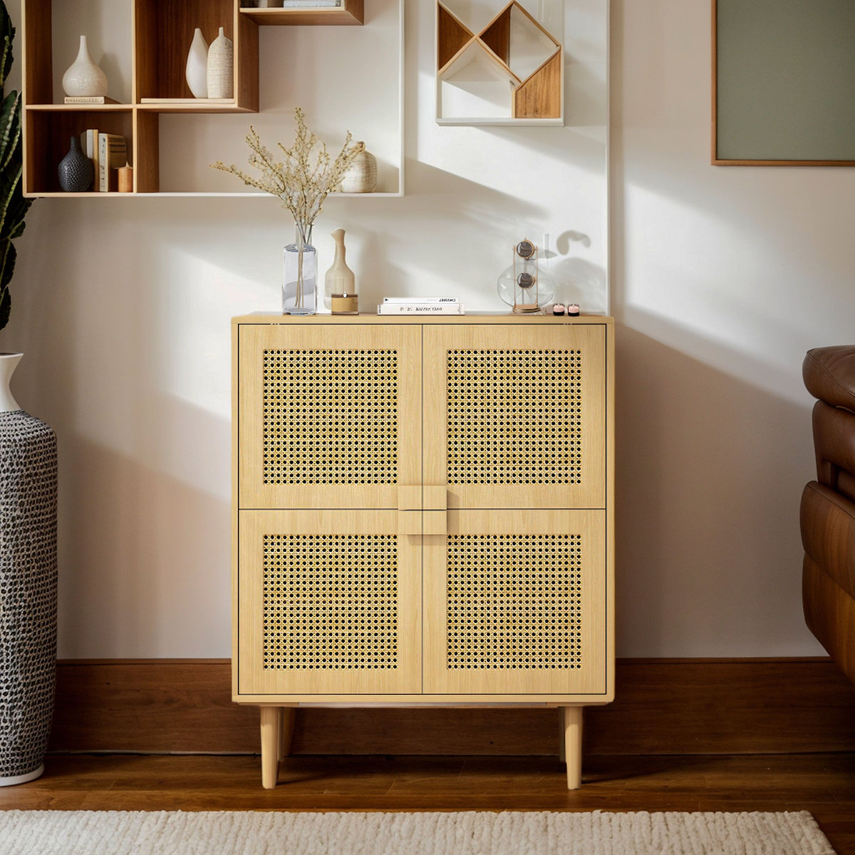 East Urban Home 4-Doors Rattan Mesh Storage Cabinet, Sideboard With ...