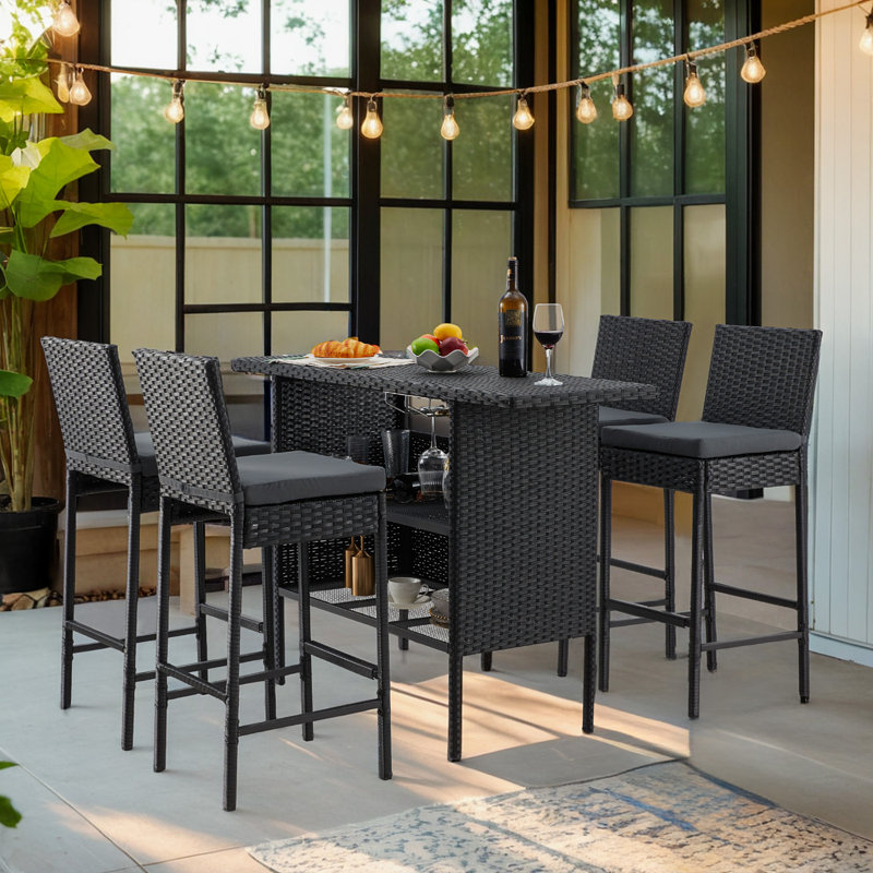 Arlmont & Co. Wicker Bar Set with 4 Stools & Outdoor Bar Table ...