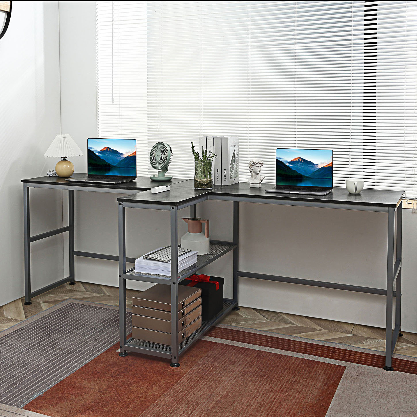 17 Stories Two Person Computer Desk With 2 Storage Shelves, Double Desk ...