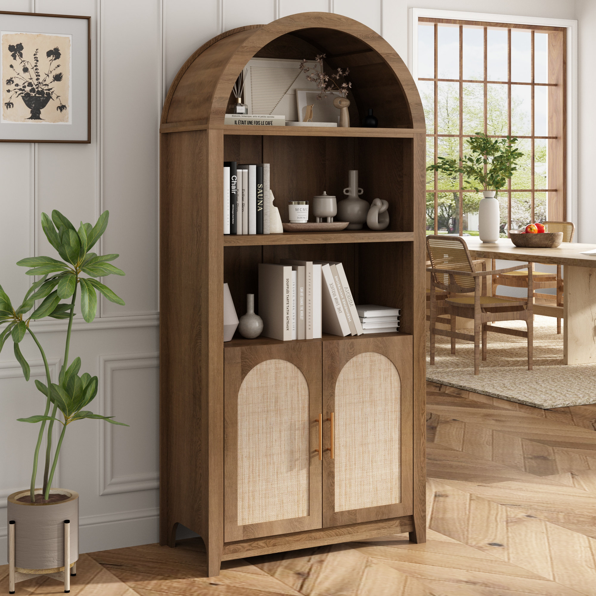 Gracie Oaks Kalaen 69" Arched Display Wood Cabinet Adjustable Shelves ...