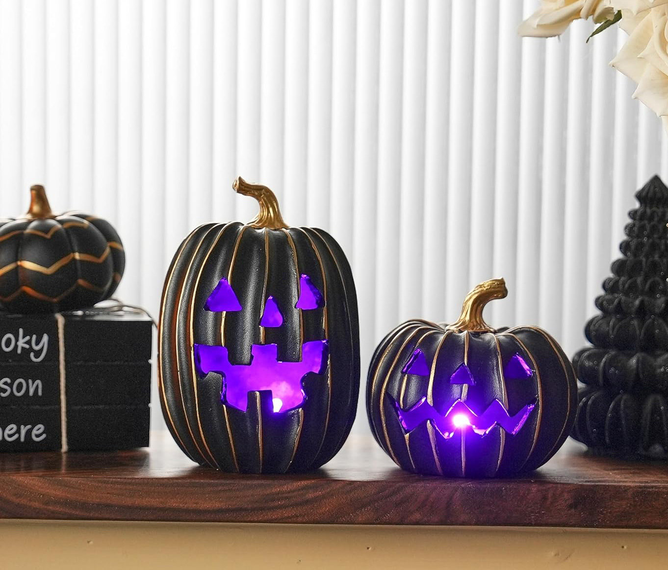 Ivy Bronx 2Pcs Light-Up Black Halloween Pumpkins with Gold Lines: Small ...