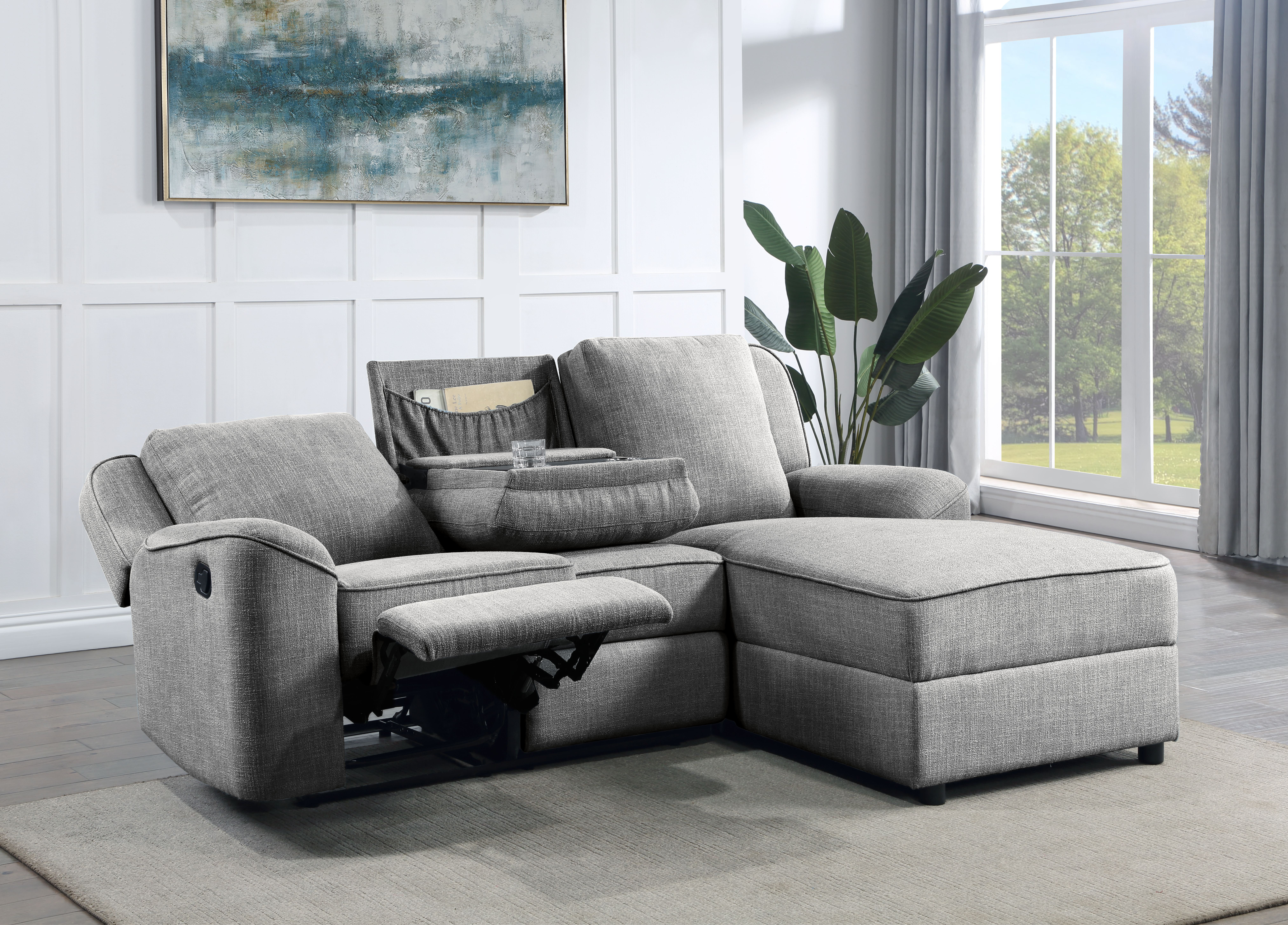 GZMWON Destiny Gray Linen Sectional Sofa With Dropdown Table | Wayfair