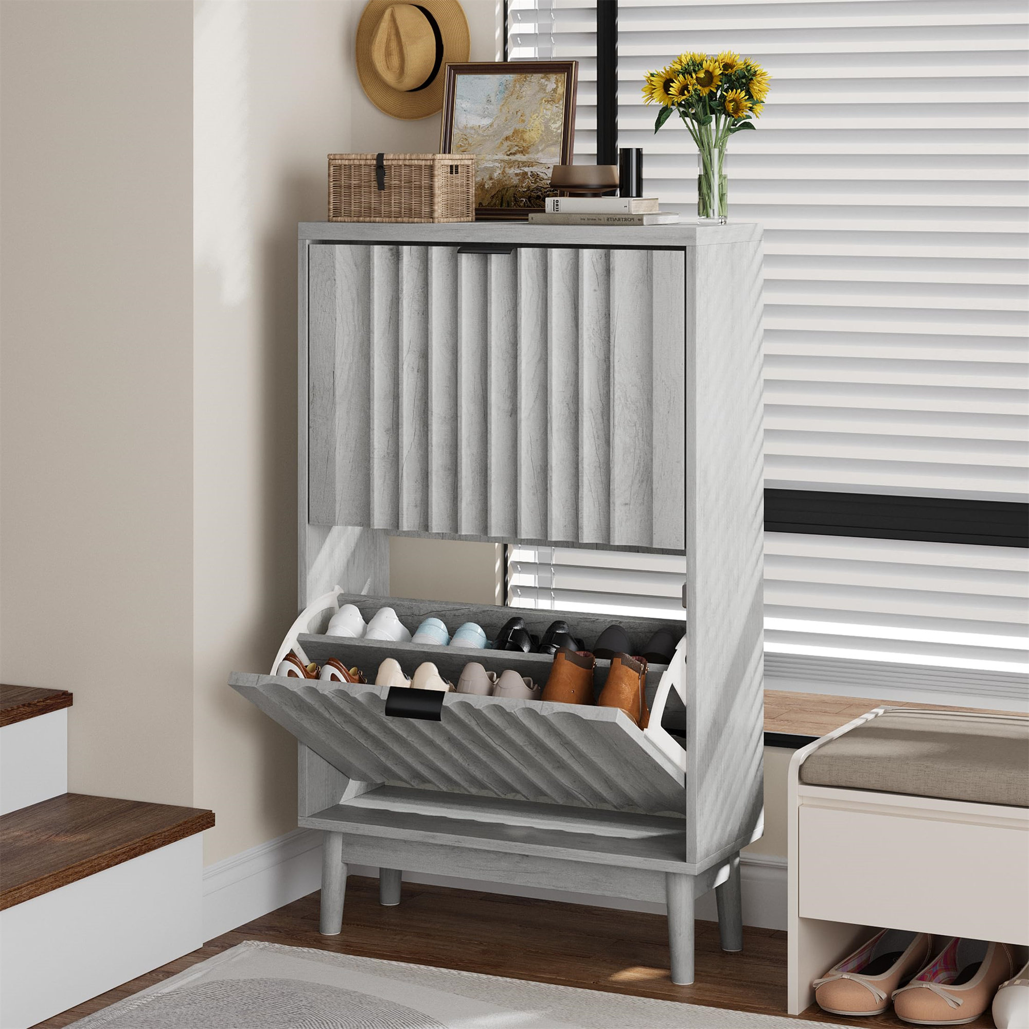 Rebrilliant Shoe Cabinet With 2 Flap Drawers, Narrow Shoe Cabinet With ...