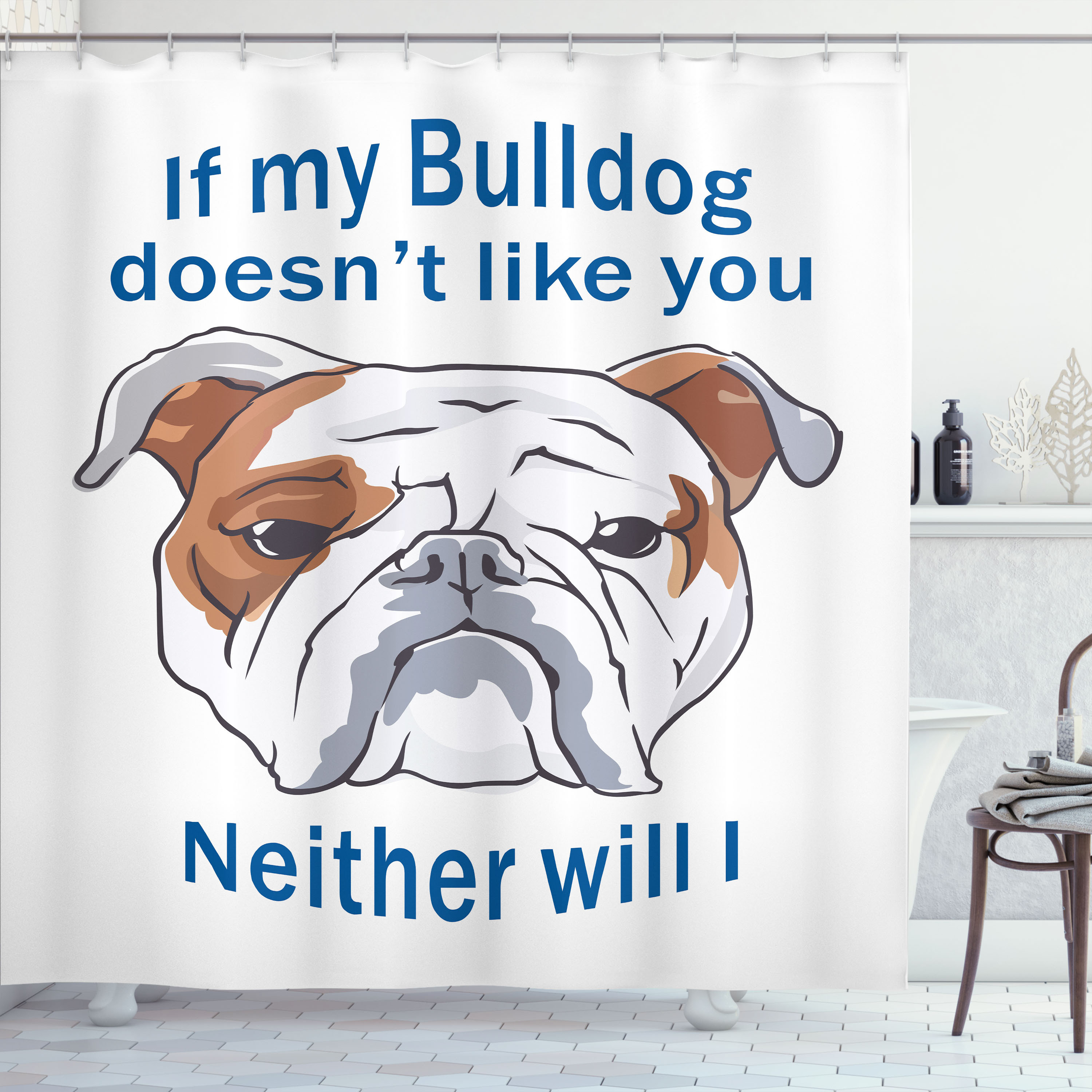 Ambesonne Bulldog Shower Curtain Humorous Typographic Design White Blue ...