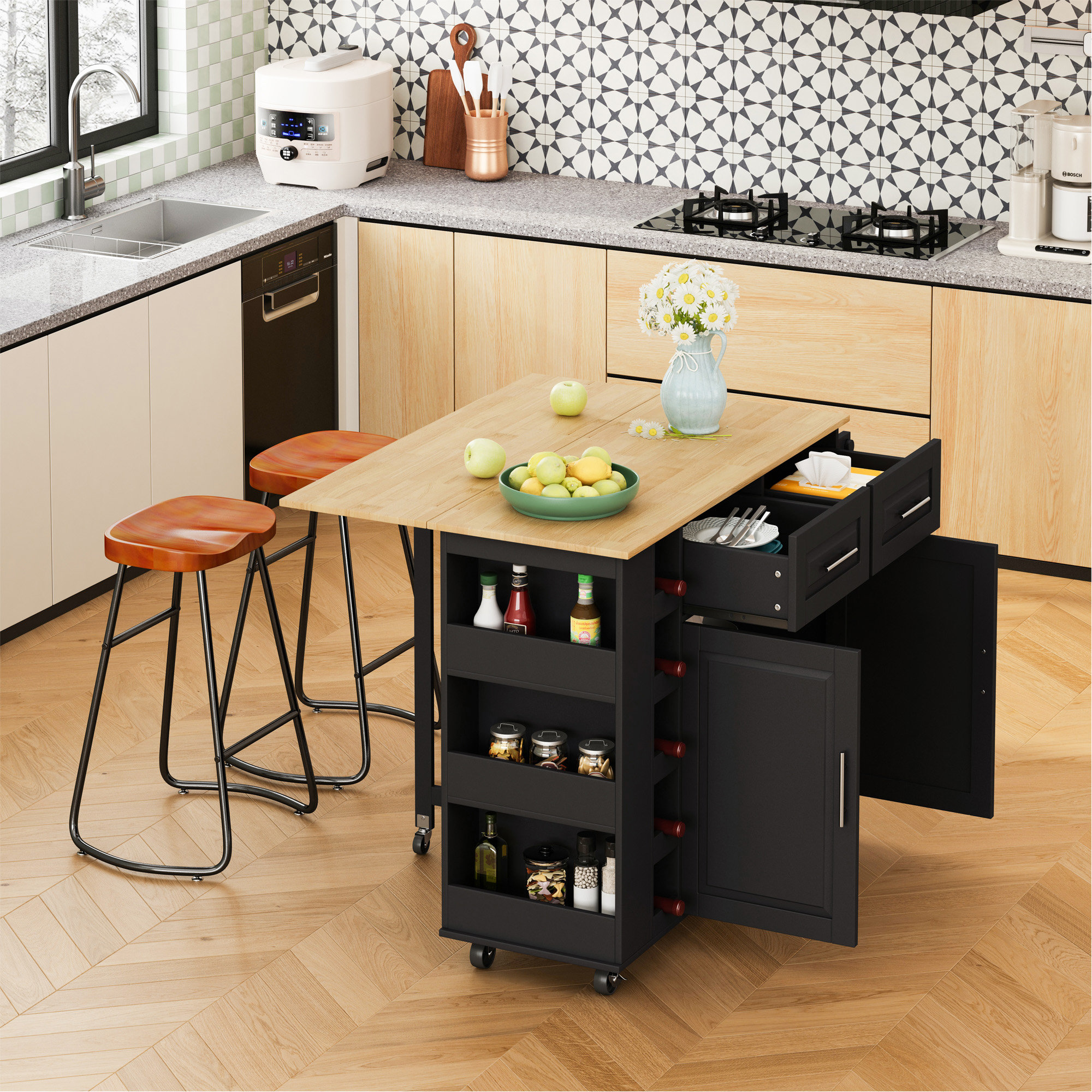 Hokku Designs Versatile Kitchen Island Cart With Stylish Stools For ...