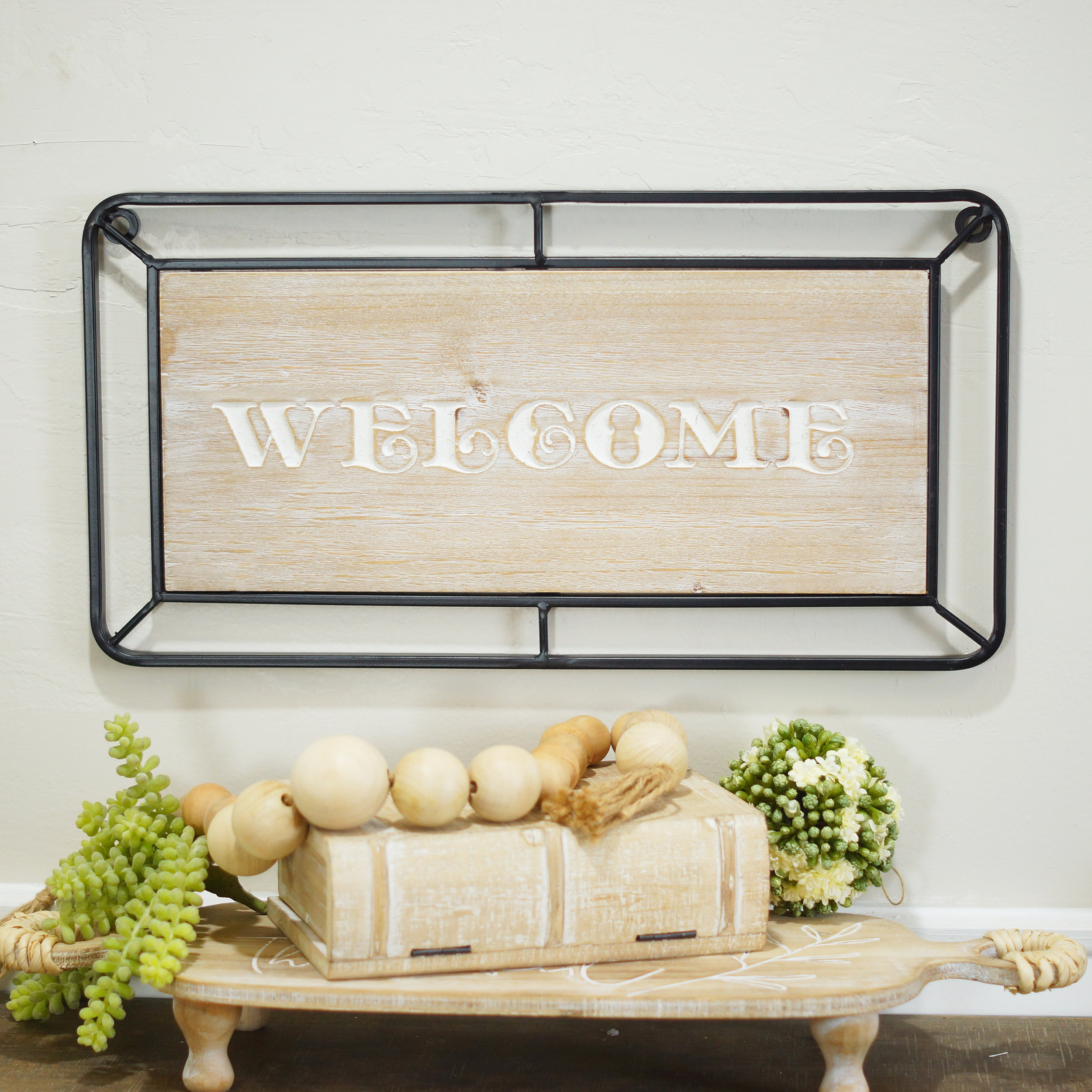 17 Stories VIP Wood 20 in. Brown Welcome Sign with Wire Grid Frame ...