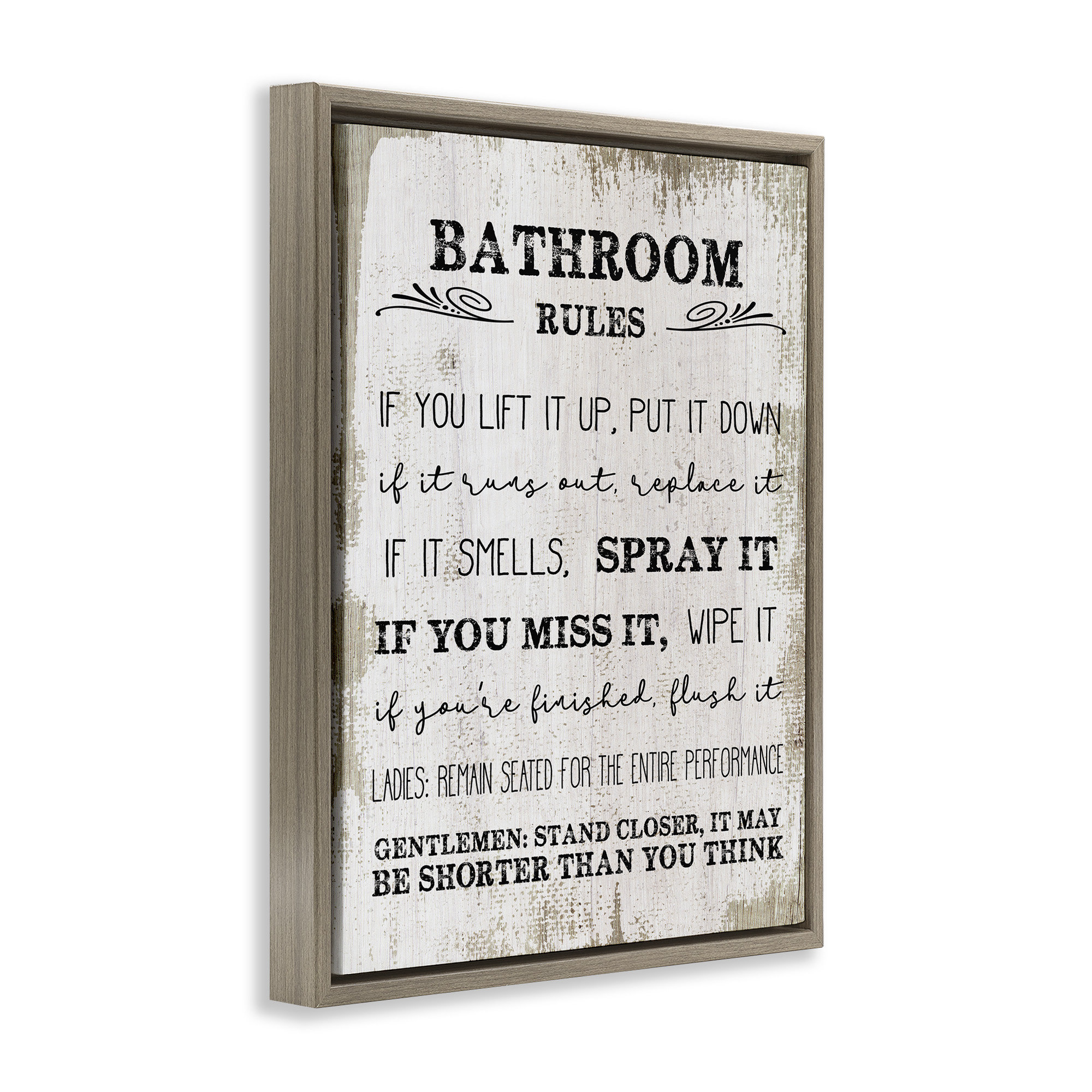 Trinx Rustic Bathroom Rules Humor Brown Grain Framed Floater Canvas ...
