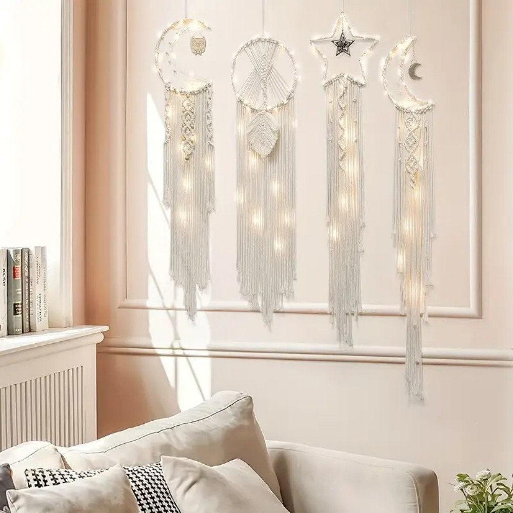 Bungalow Rose 4 Pack Boho Dream Catcher Wall Decor Moon Dream Catcher Macrame Woven Wall Hanging ...