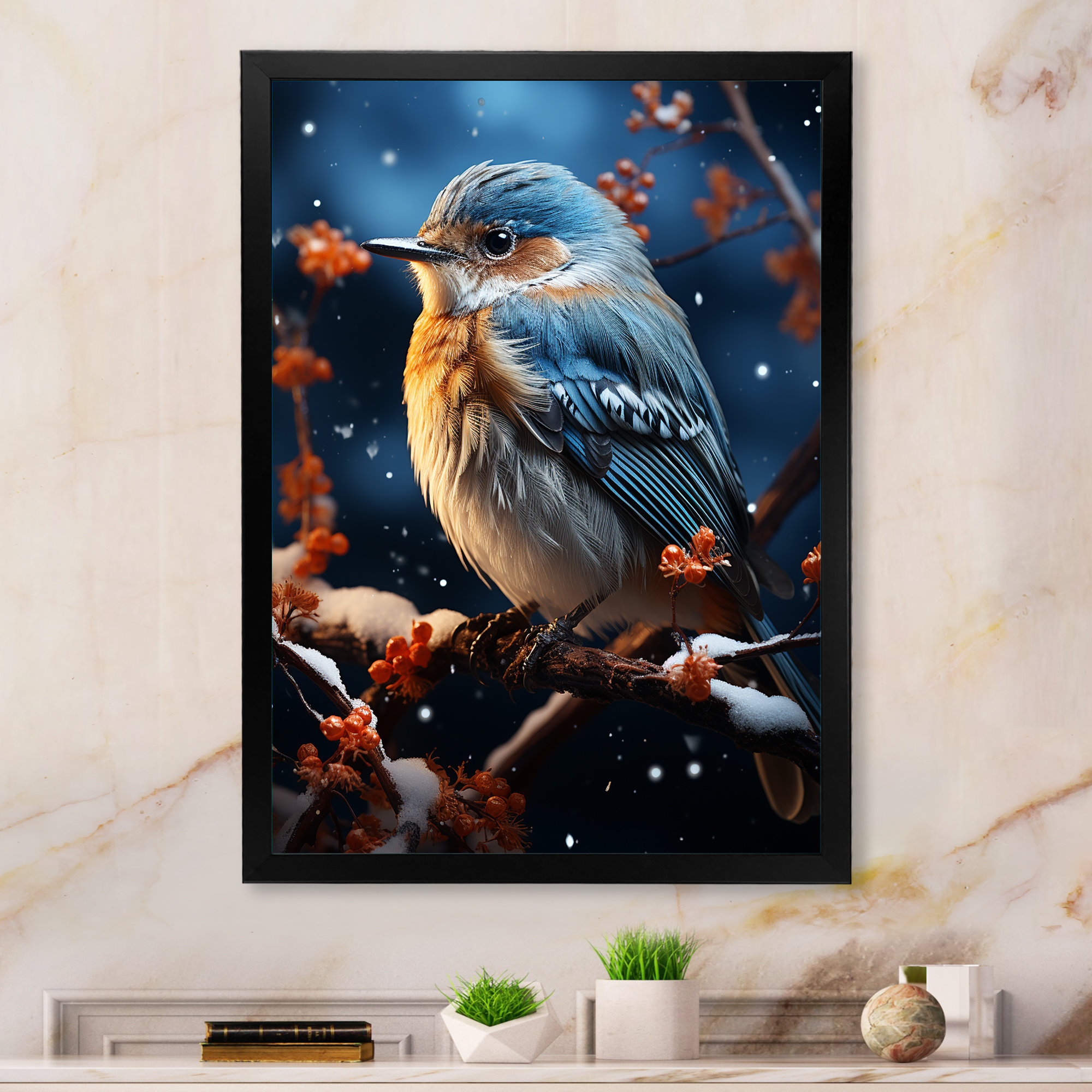 Design Art Blue Bird In Winter Serenity III - Bird Wall Art | Wayfair