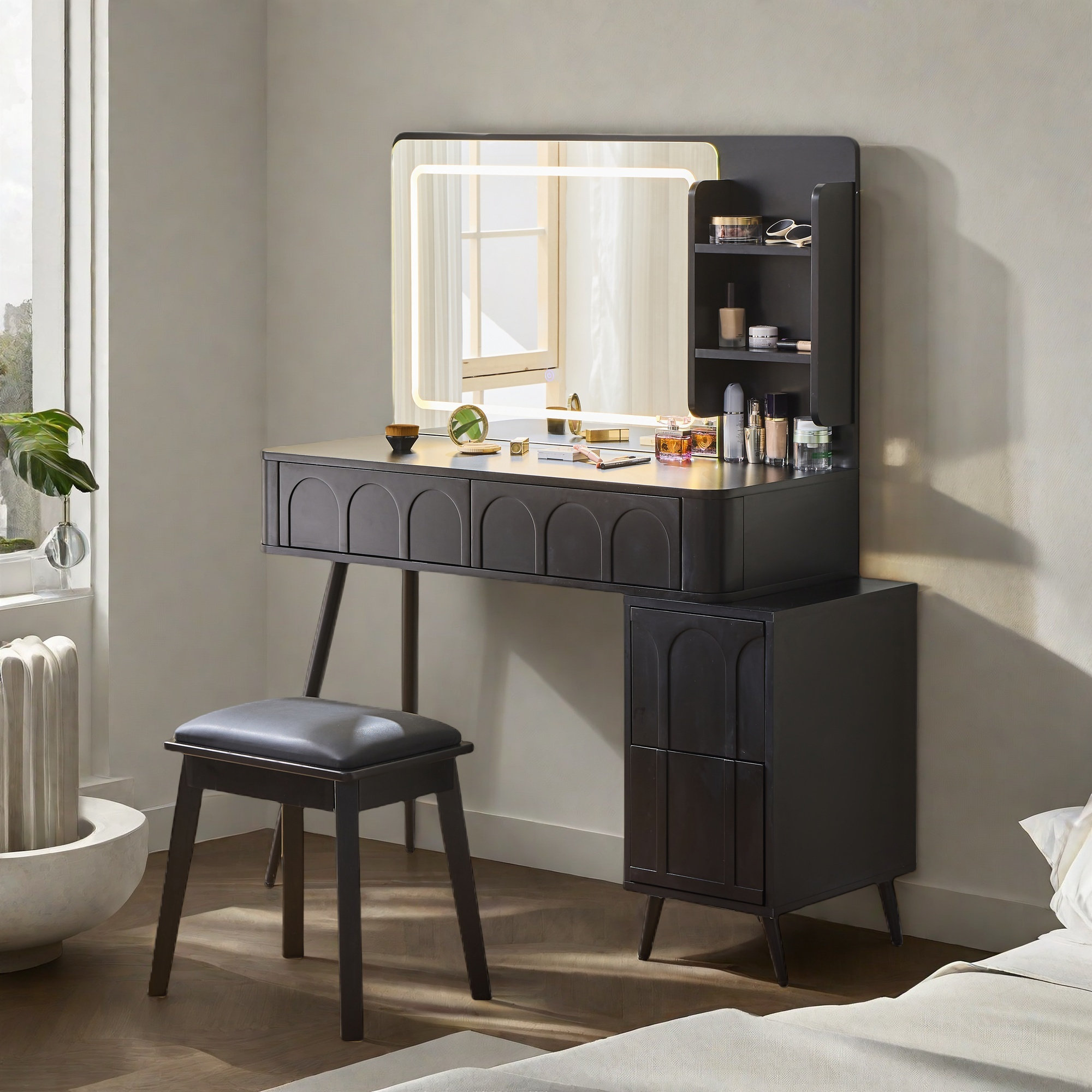 George Oliver Modern Makeup Vanity Desk Set With Stool, Led Lights ...