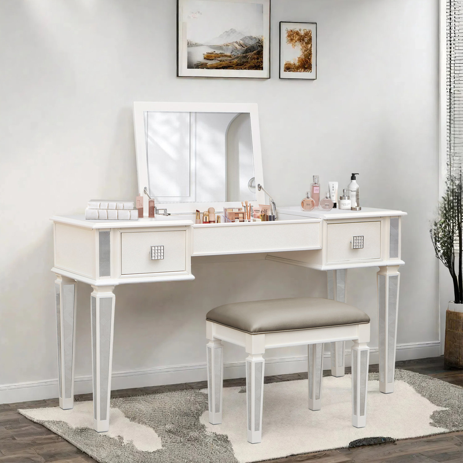 Latitude Run® Mirrored Vanities Desk With Drawers, Bedroom Makeup ...