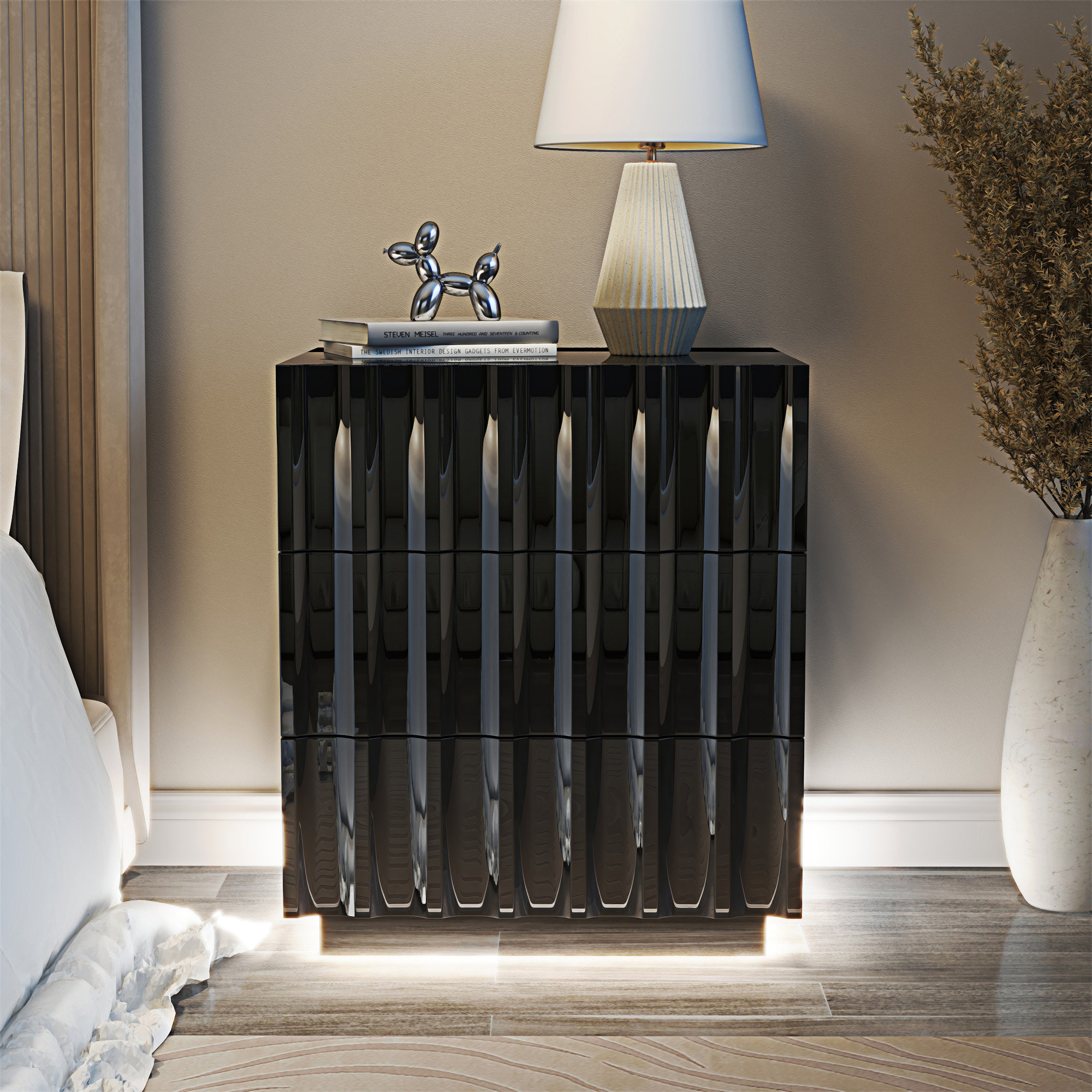 Orren Ellis Modern Fluted Details Finish High Gloss Paint Bedside Table ...