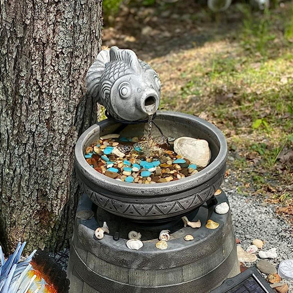 Highland Dunes Elegant Cement Fish Solar-Powered Fountain with 10 ...