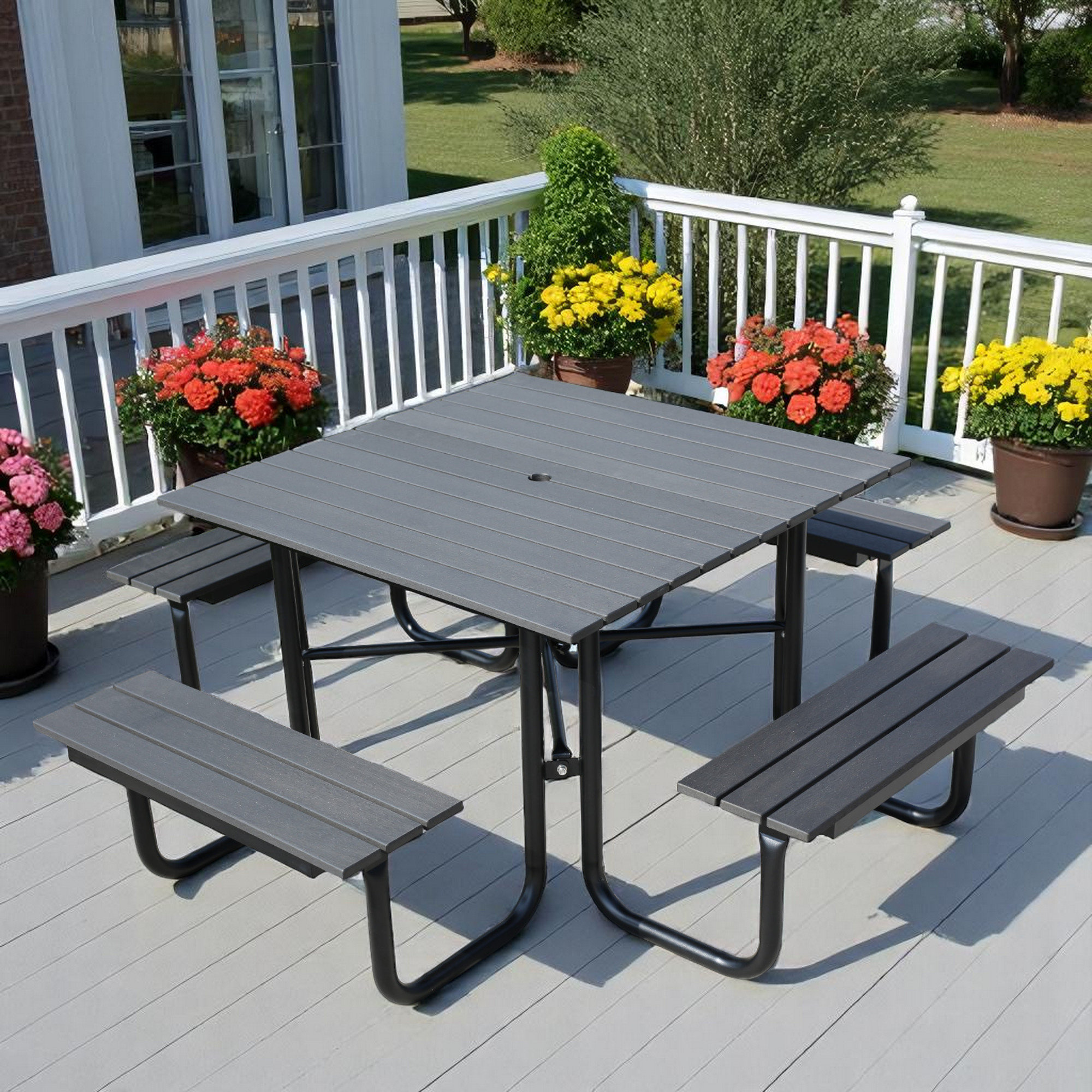 Arlmont & Co. Square HDPE Outdoor Picnic Table Benches Set, 8-Person ...
