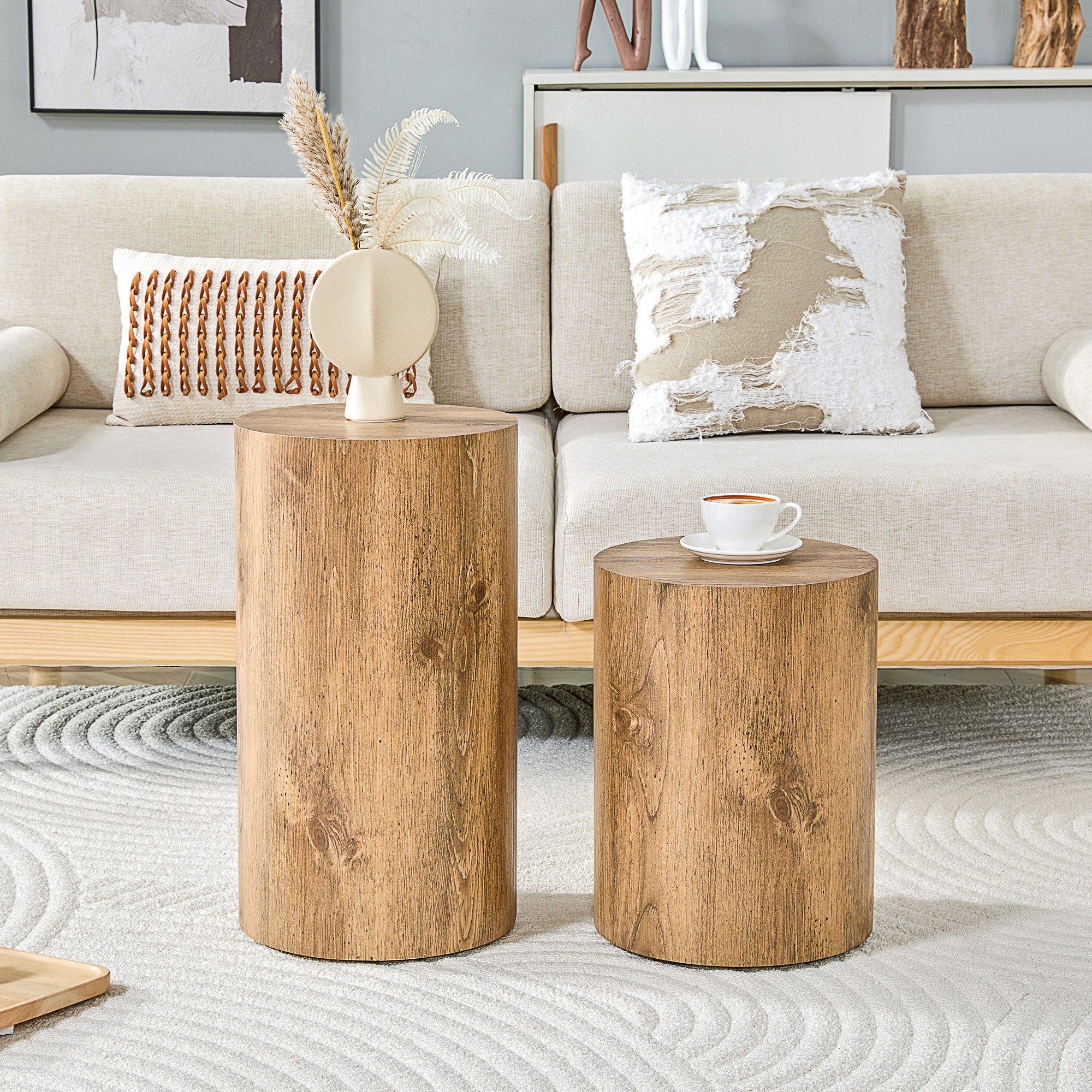 Latitude Run® Modern Minimalist Set Of Two Wood Color Cylinder Marble ...