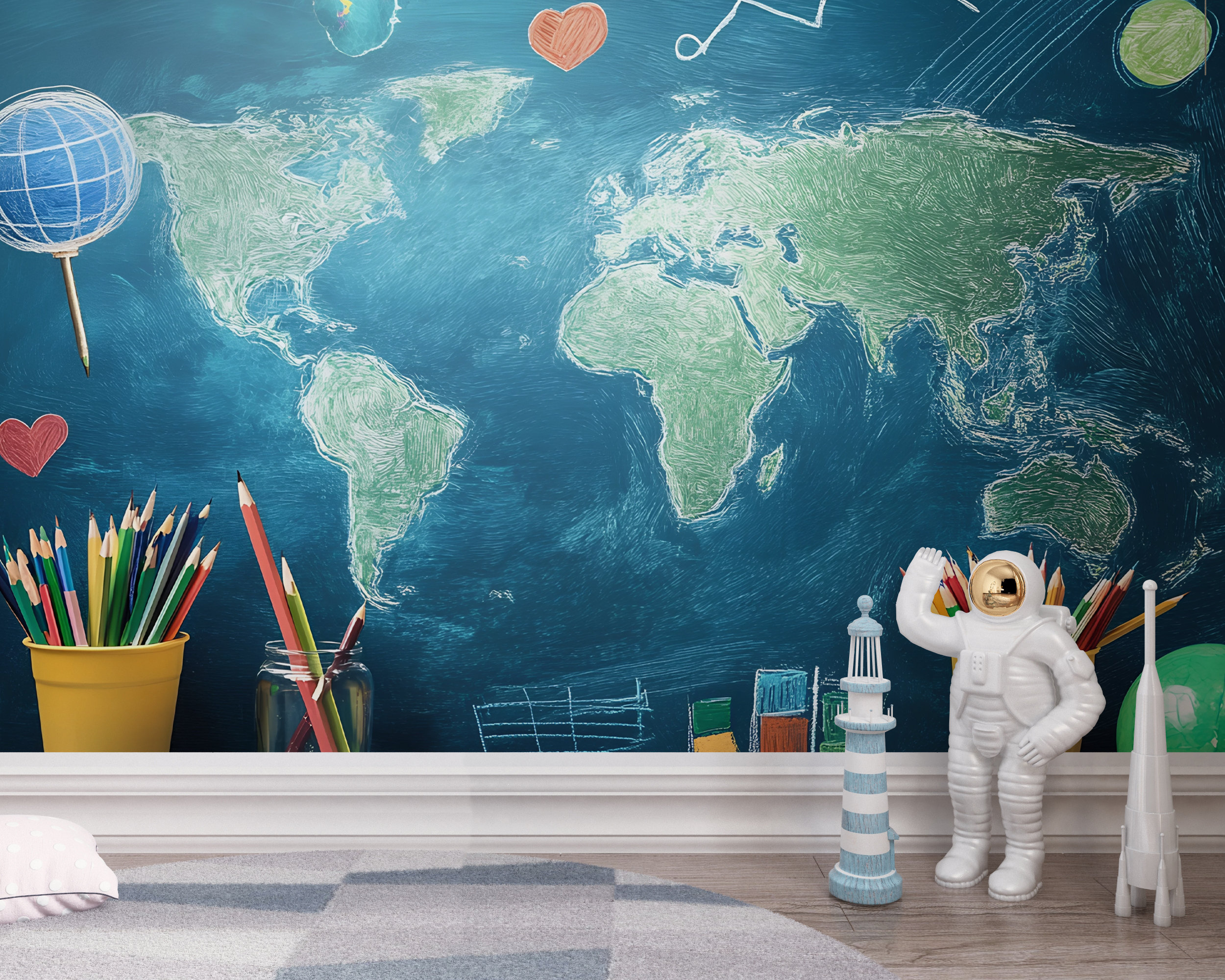 Stickalz Educational World Map Wallpaper – Classroom Chalkboard Style ...