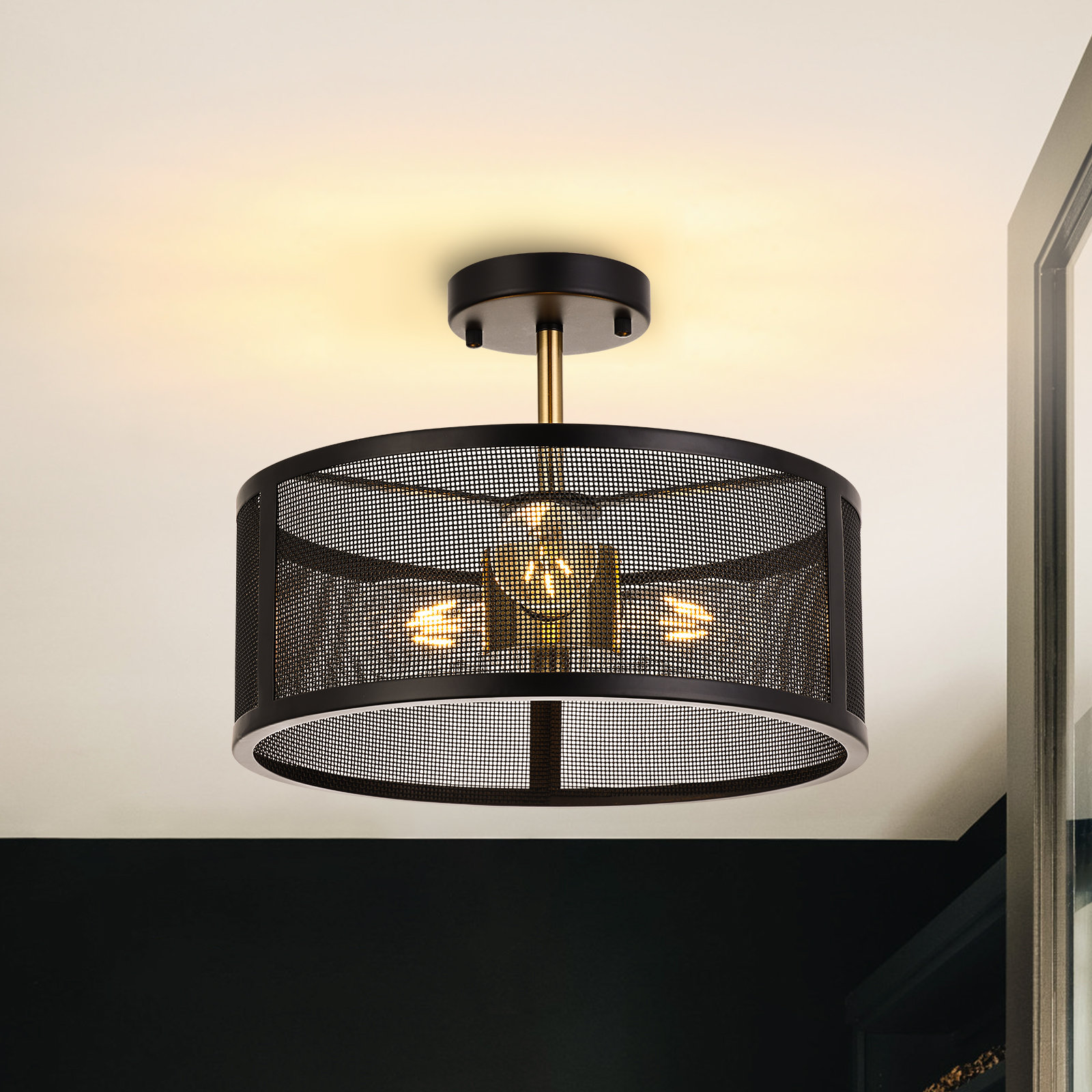 Everly Quinn Sifet 3 - Light 14.2'' Shaded Drum Semi Flush Mount ...