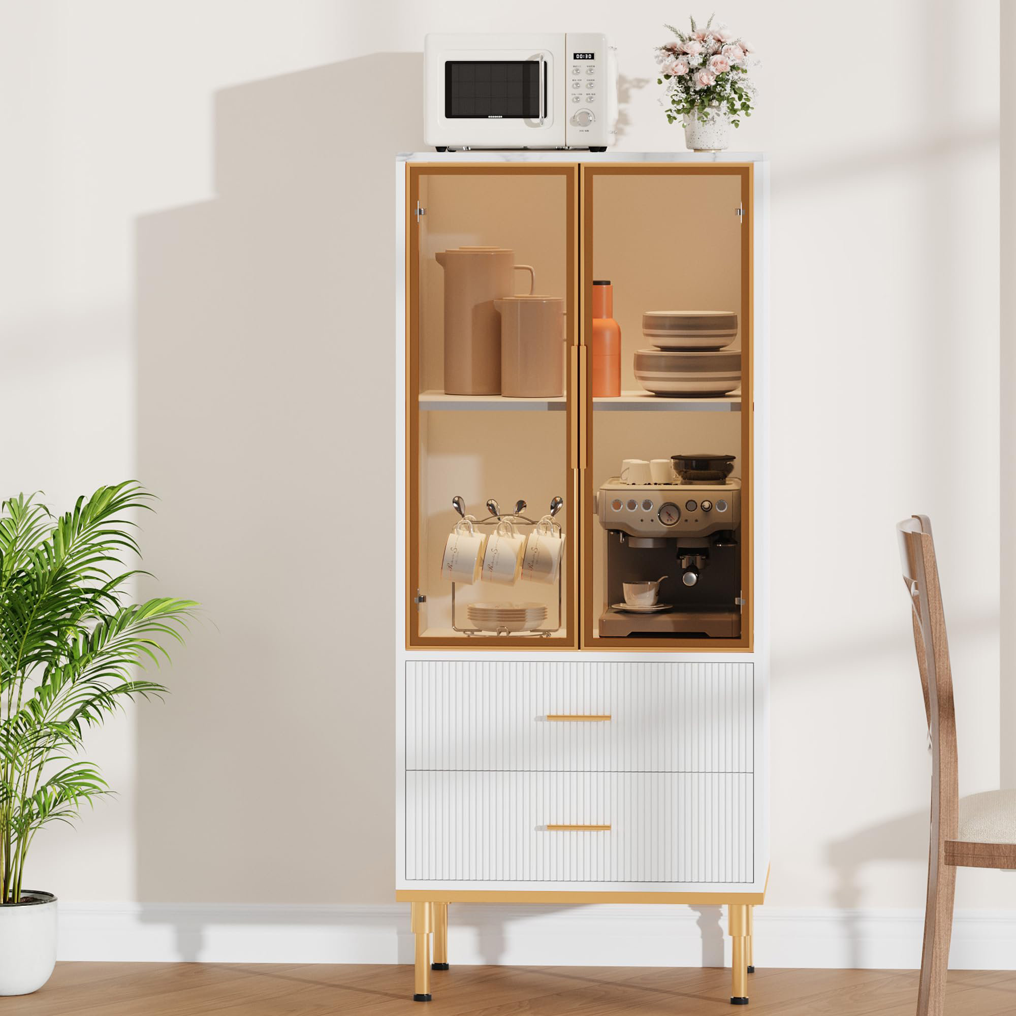 ZACOO Fluted Storage Cabinet With Glass Door And 2 Drawers, Modern ...