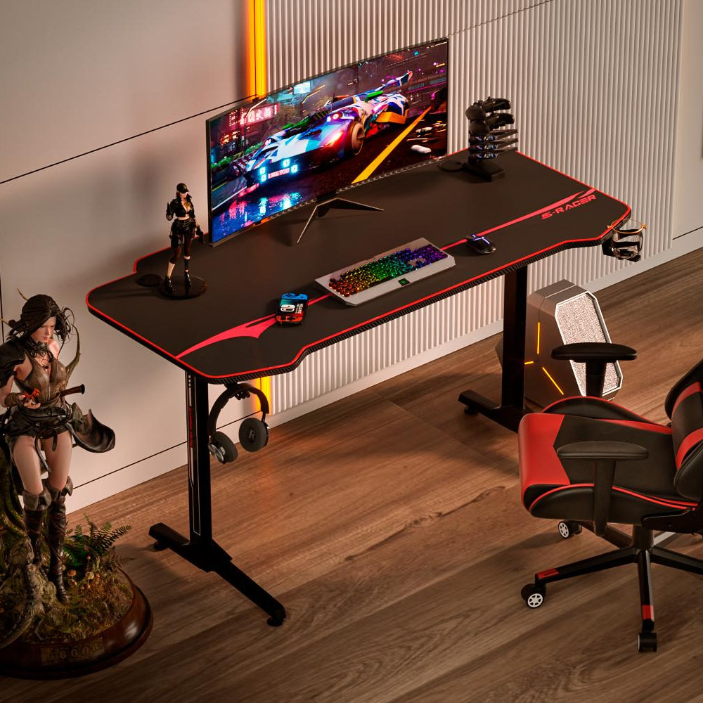 Inbox Zero Ergonomic Gaming Desk PC Computer Table with Cup Holder and ...