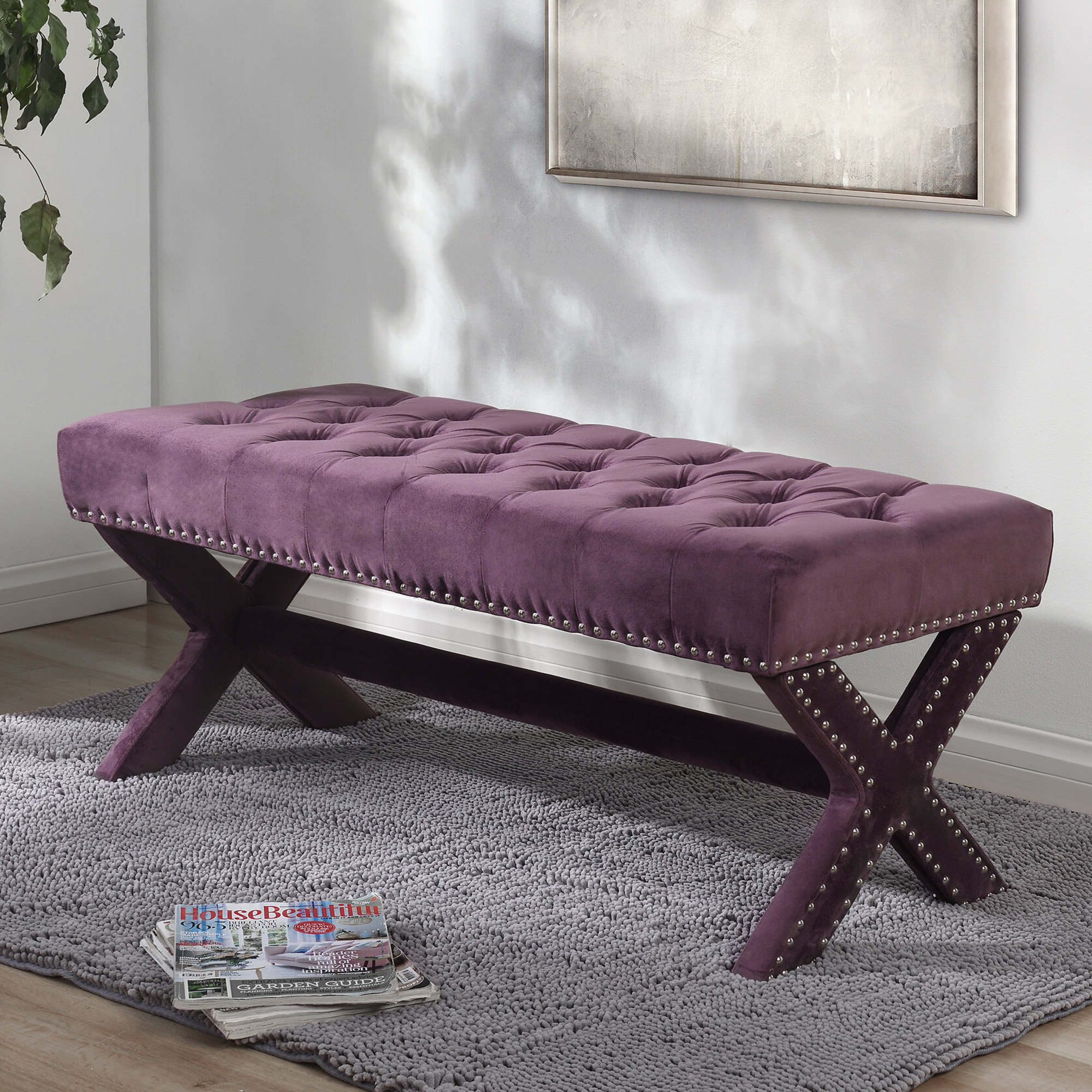 Mercer41 Lovell Velvet Button Tufted Silver Nailhead Trim X-Leg Bench ...