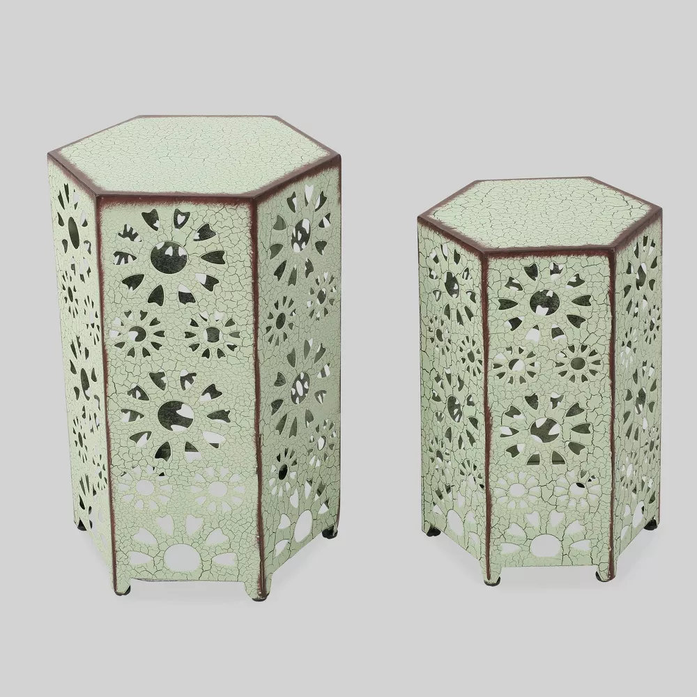 Bungalow Rose 2Pc Sunburst Outdoor Patio Iron Side Table - Crackle Teal ...