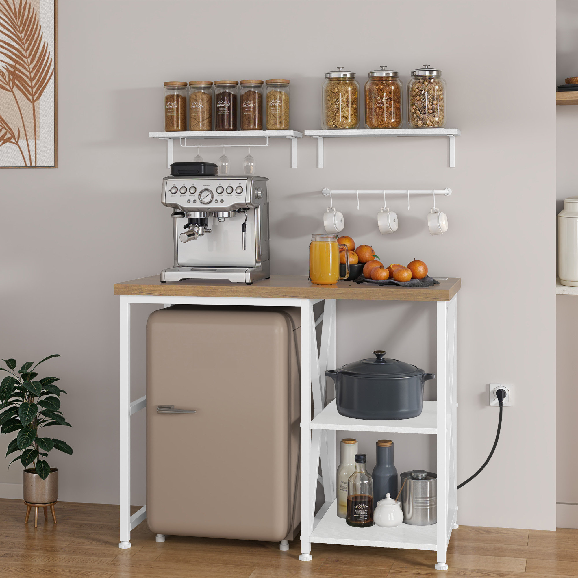 17 Stories 41.7"W Baker's Rack With Wall Mounted Glass Shelf, Mini ...