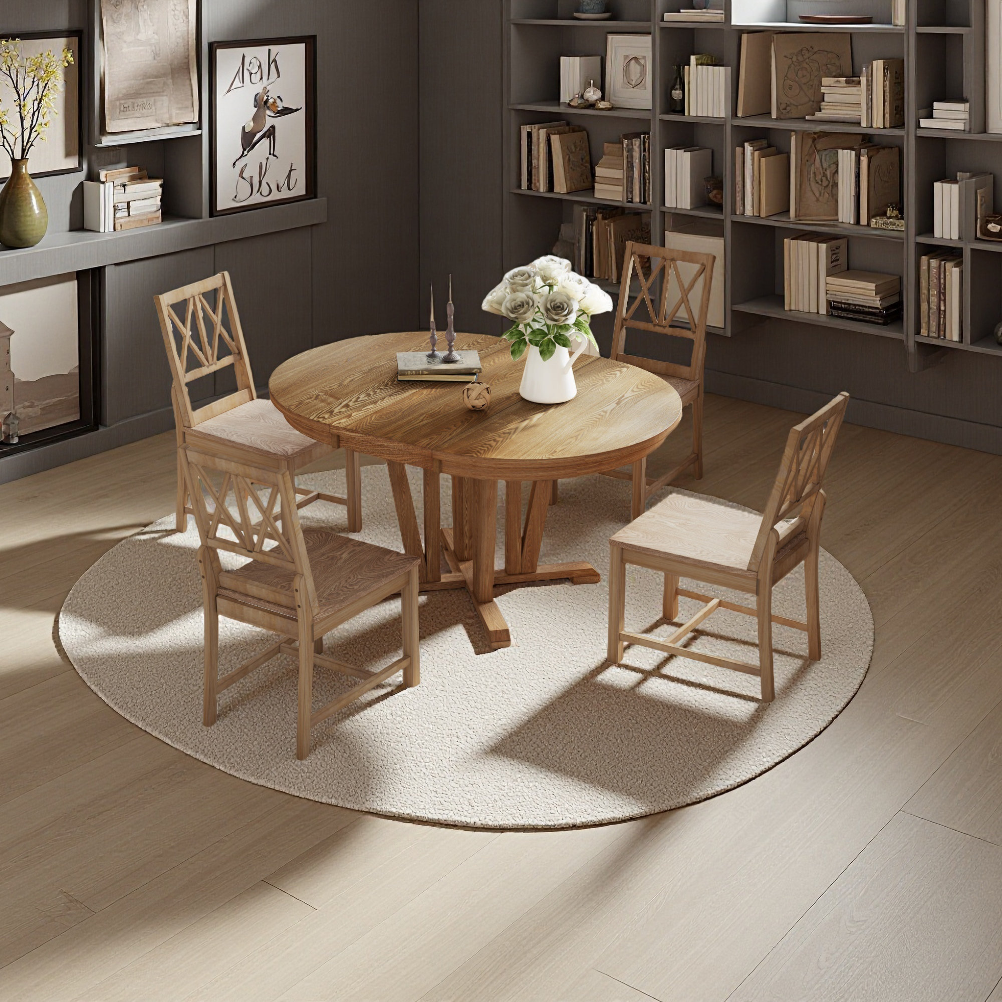 Gracie Oaks Rustic 5-Piece Extendable Dining Table Set Round Trestle Table And 4 Cross Back ...