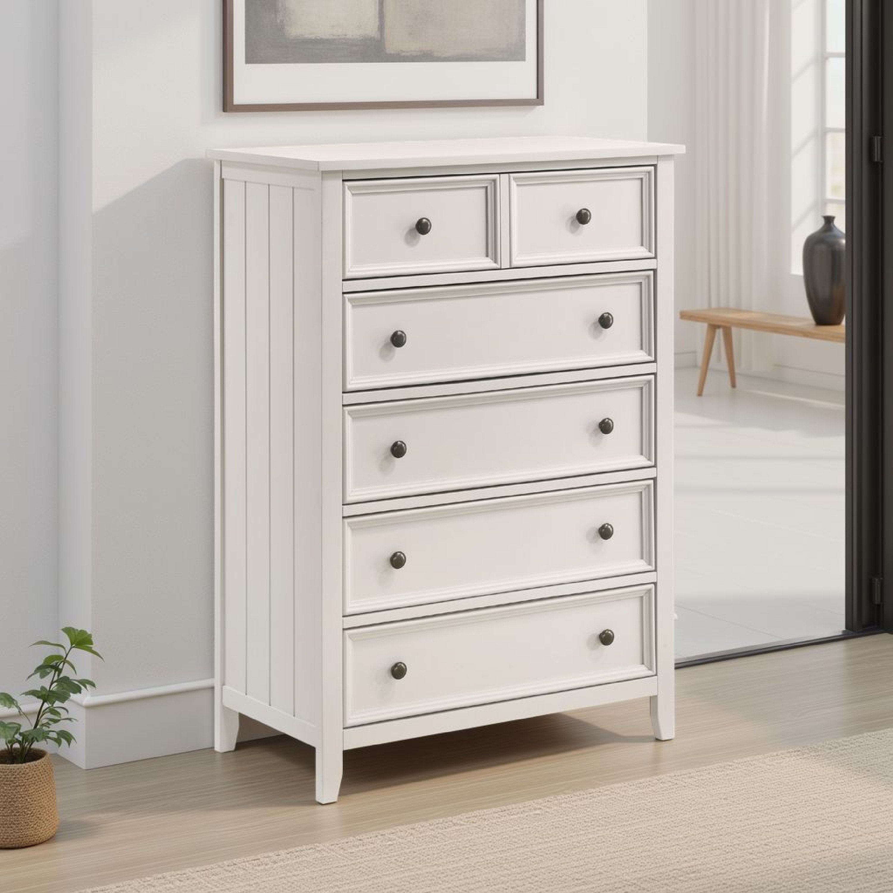Benjara Etgo Tall Dresser Chest, White Melamine Veneer, 5 Drawers | Wayfair