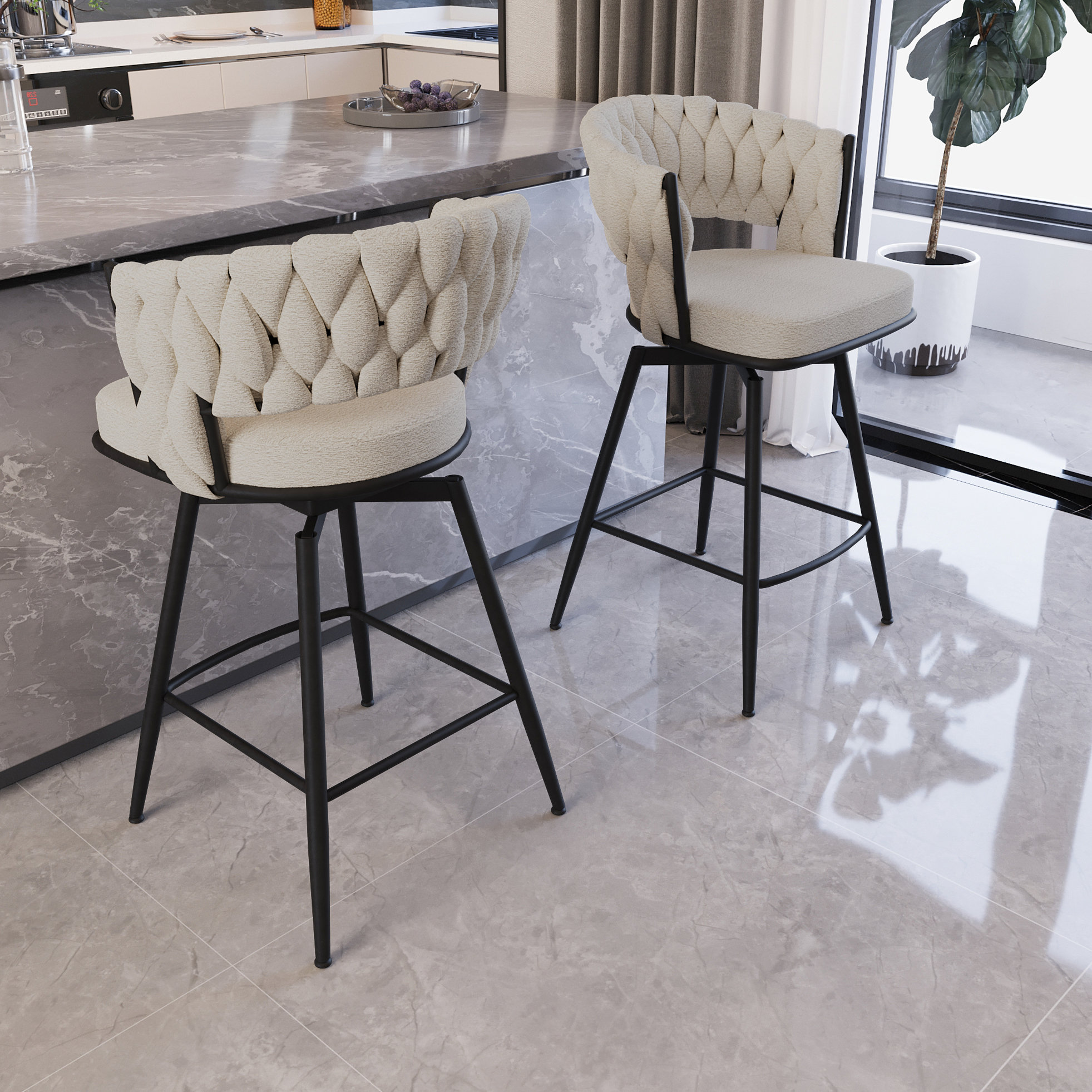 Latitude Run® White Linen Woven Bar Stool Pair ( Of 2). 360 Swivel ...