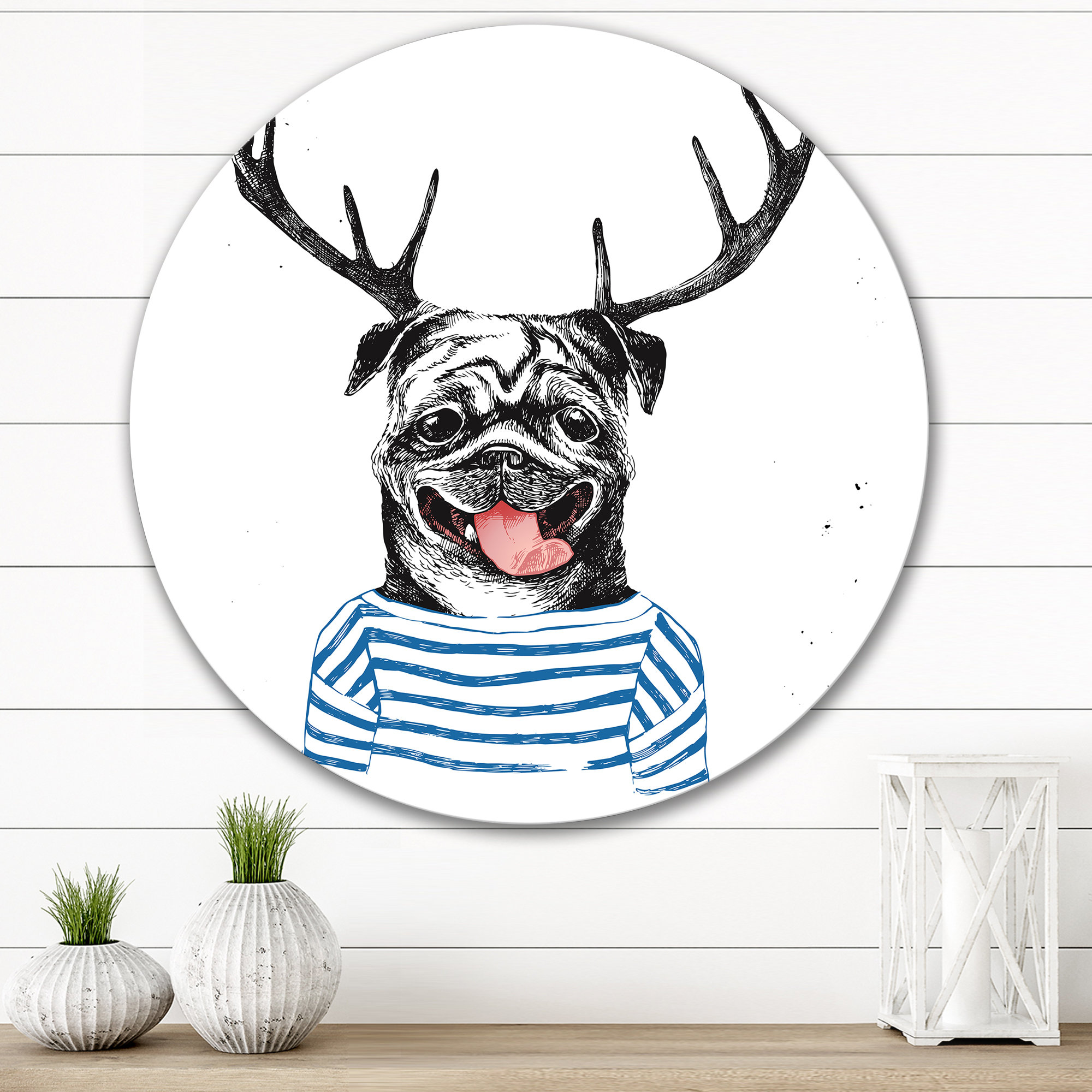 Trinx Dressed Up Pug In Hipster Style - Traditional Metal Circle Wall ...