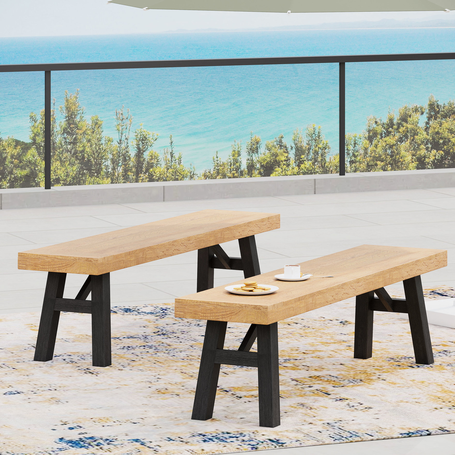 17 Stories Bench Of 2 - Grey, Wood, Weather , Slat Seat Panel Design ...