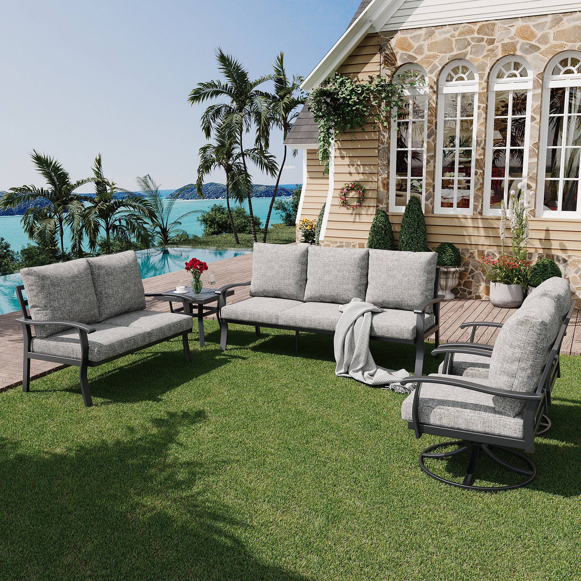 Winston Porter 5 PCS Outdoor Metal Conversation Set With 360° Swivel ...