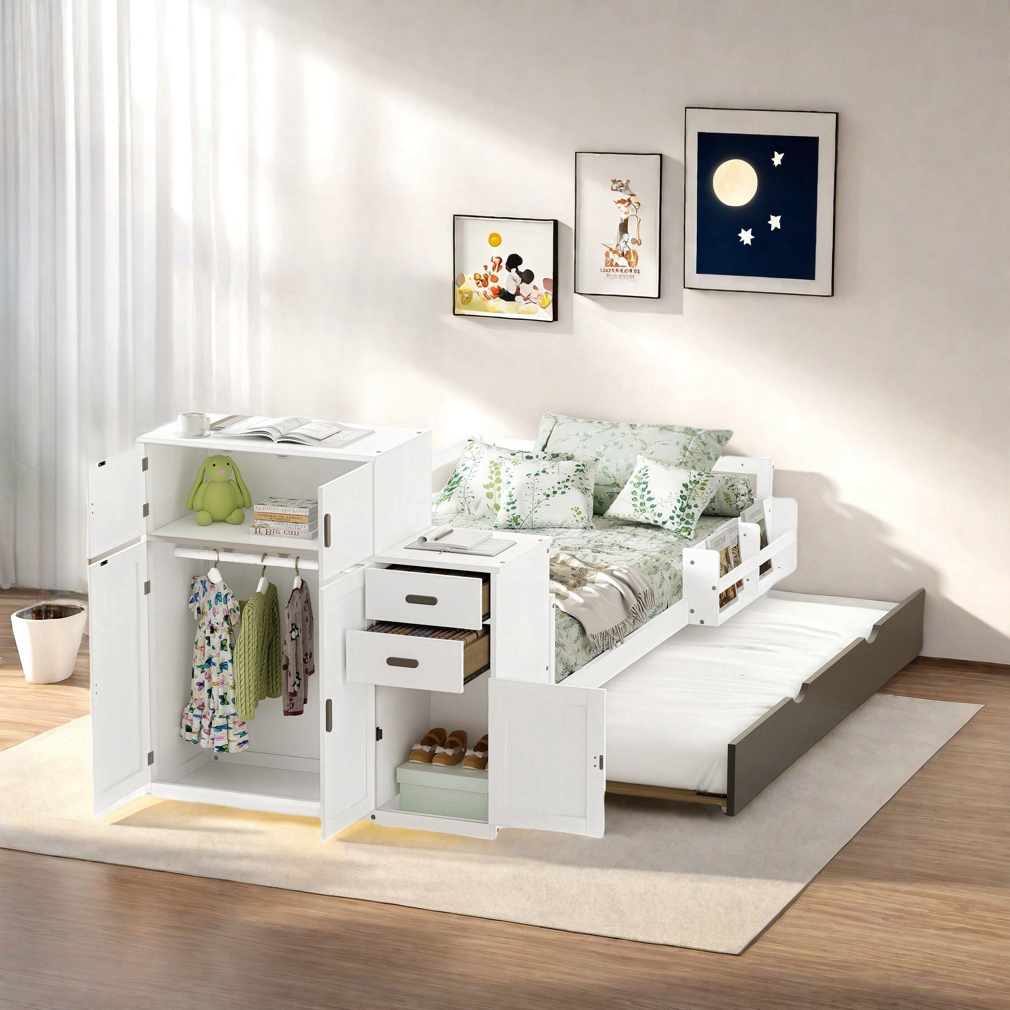 Lark Manor Lit plateforme en bois avec bibliothèque pour échantillons, garde-robe mobile et lit ...