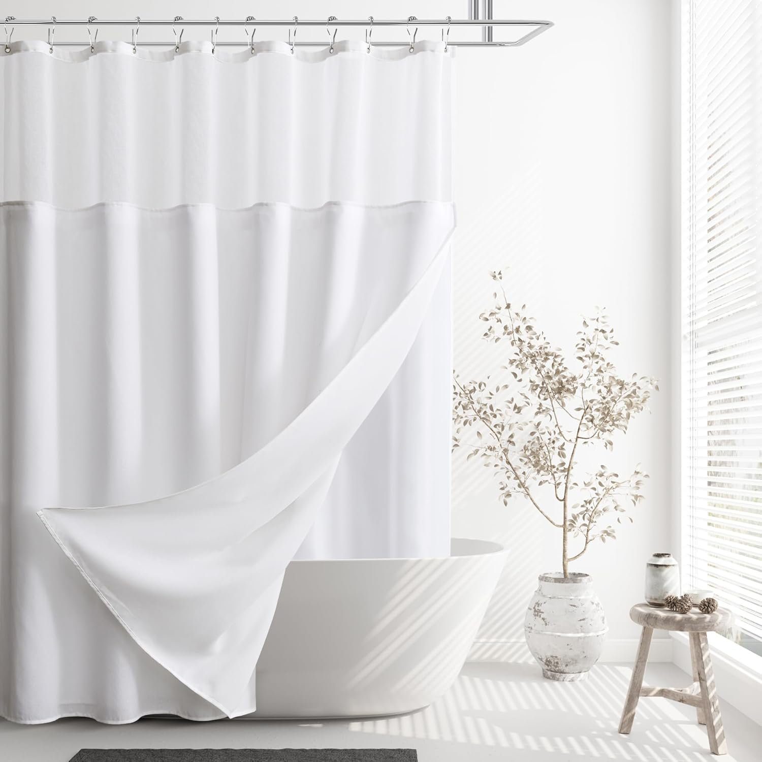 Hokku Designs Pinal White Linen Shower Curtain And Liner Set With Hooks ...