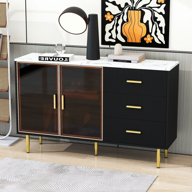 Mercer41 Iftikhar Wooden Sideboard Buffet with Marble Sticker Tabletop ...