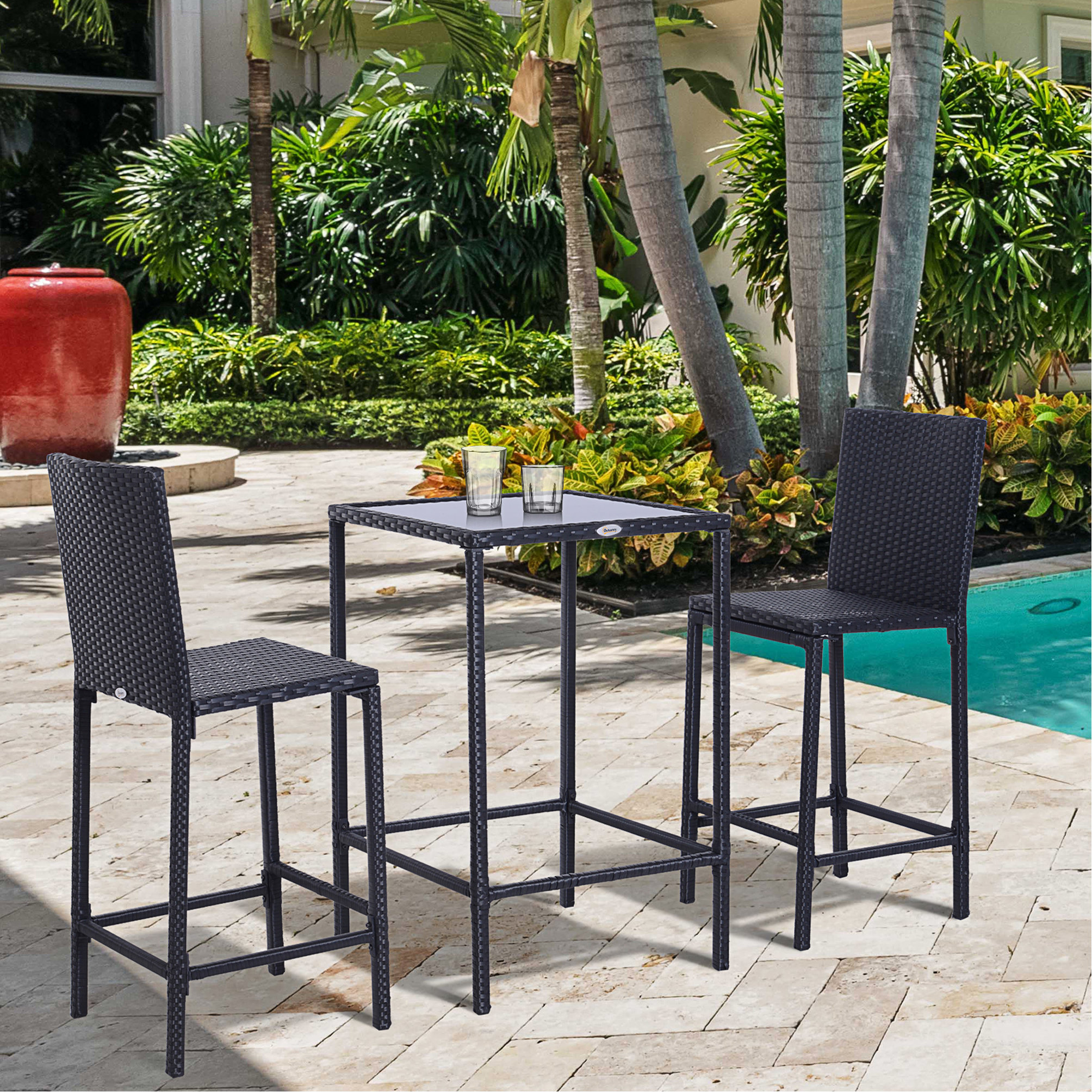 Hokku Designs 3Pcs Rattan Bar Set With Glass Top Table, 2 Bar Stools ...