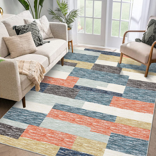 Ebern Designs Geometric Machine Washable Area Rug with Rubber Backing ...
