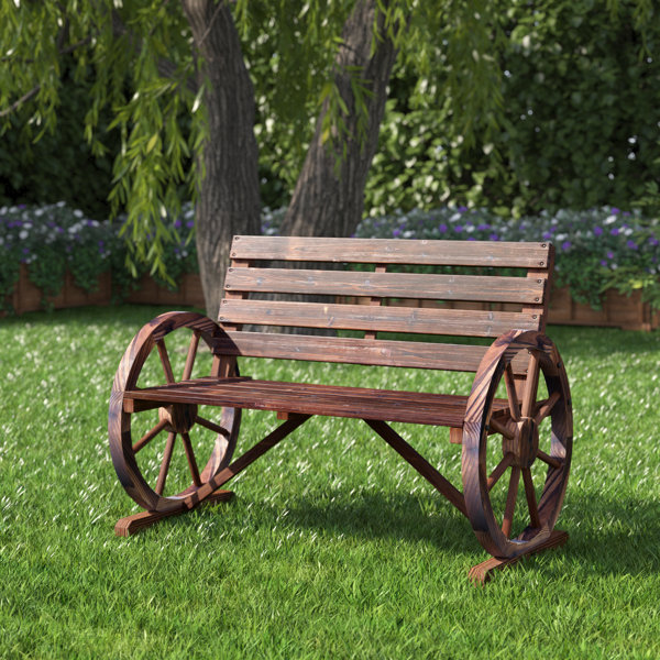 August Grove® Kasandra 41" Wooden Wagon Wheel Bench, Rustic Outdoor ...
